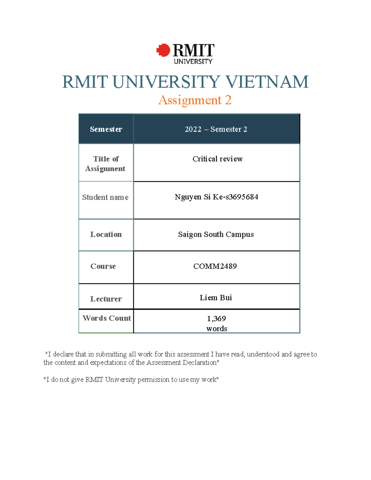 Criticalreview COMM2489 Asian Cinemas Assign 2 Nguyen Si Ke s3695684 - RMIT UNIVERSITY VIETNAM ...