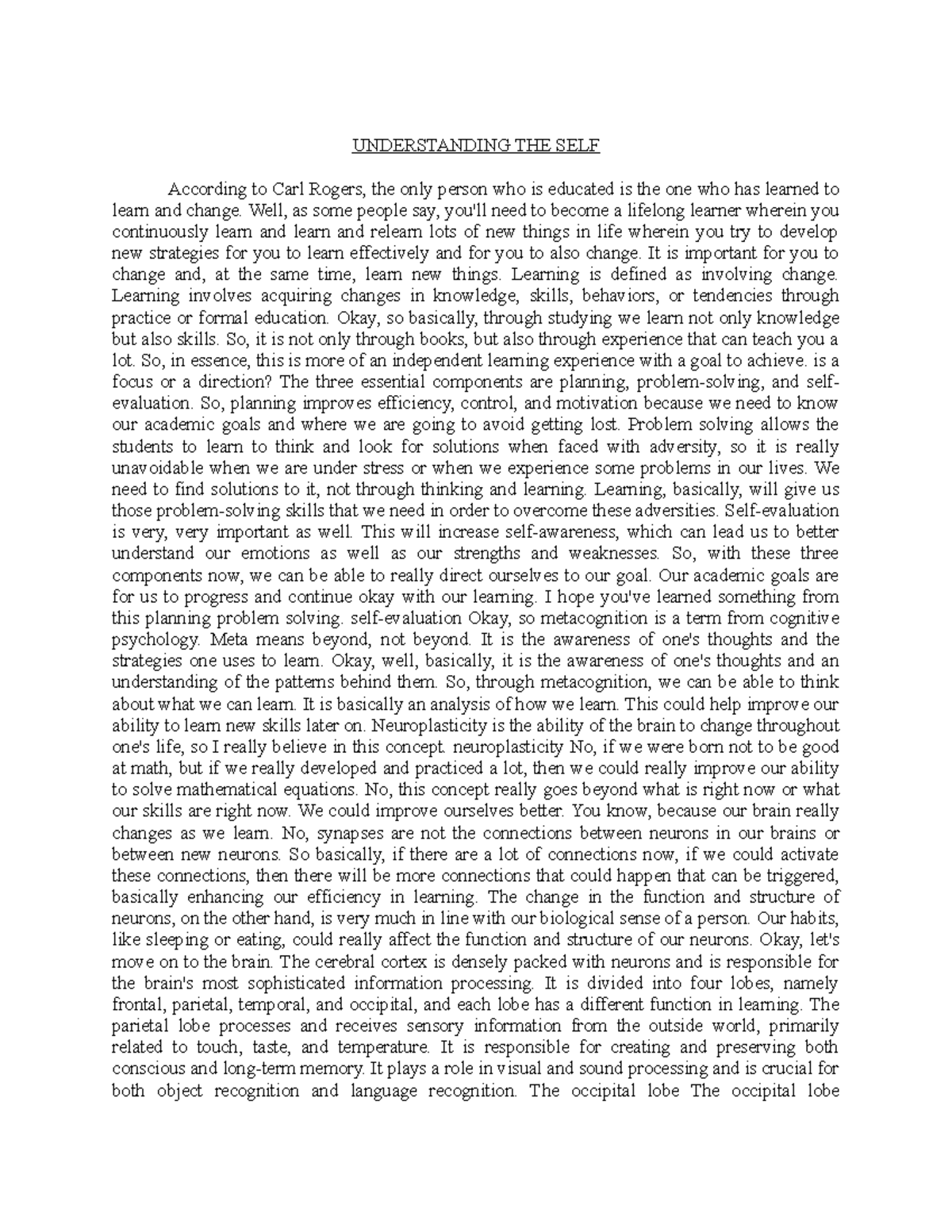 SELF - Understanding THE SELF - UNDERSTANDING THE SELF According to ...