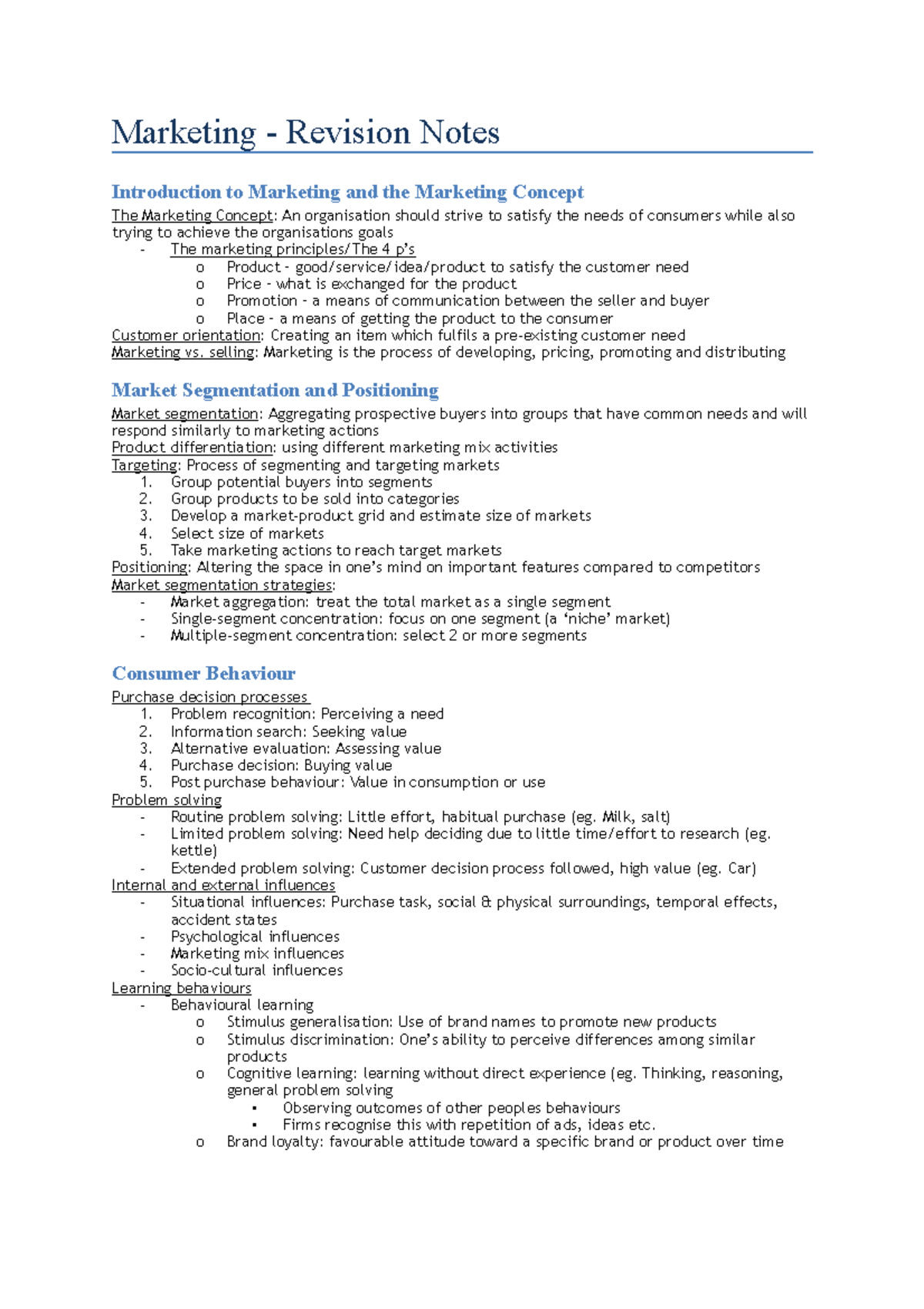 BSB126 Final Notes - Marketing - Revision Notes Introduction to ...