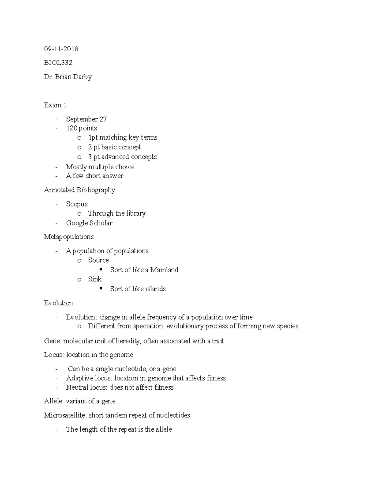 09-11-2018 Notes - Dr. Brian Darby - 09-11-2018 BIOL332 Dr. Brian Darby ...