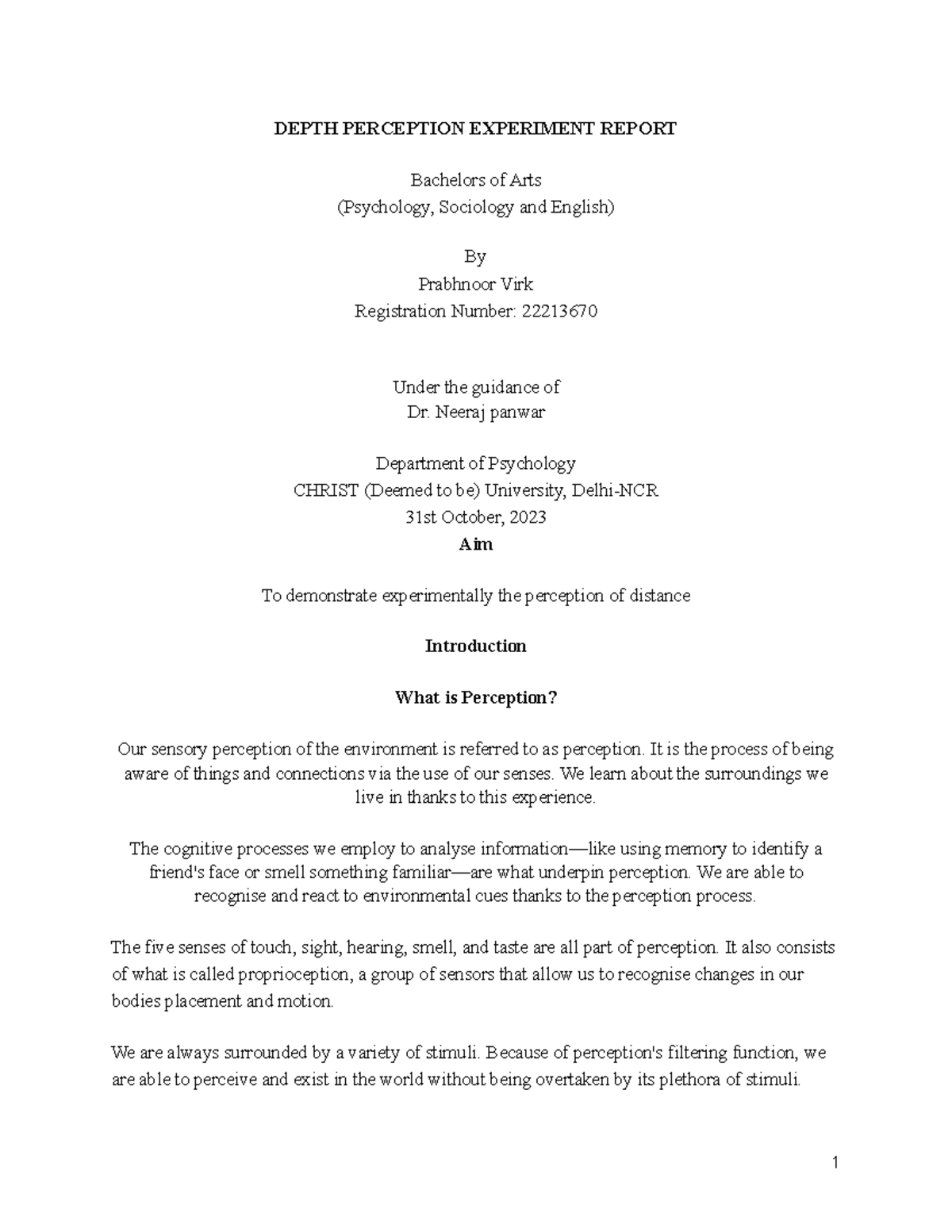 Depth Perception Experiment Report (1) (1) Prabhnoor - DEPTH PERCEPTION ...