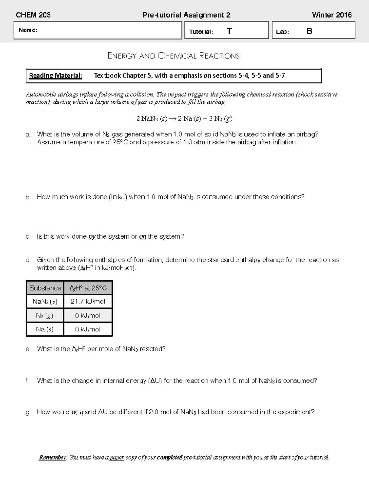 Practical - Pre-tutorial assignment 2 - CHEM 203 CHEM 203 Name ...
