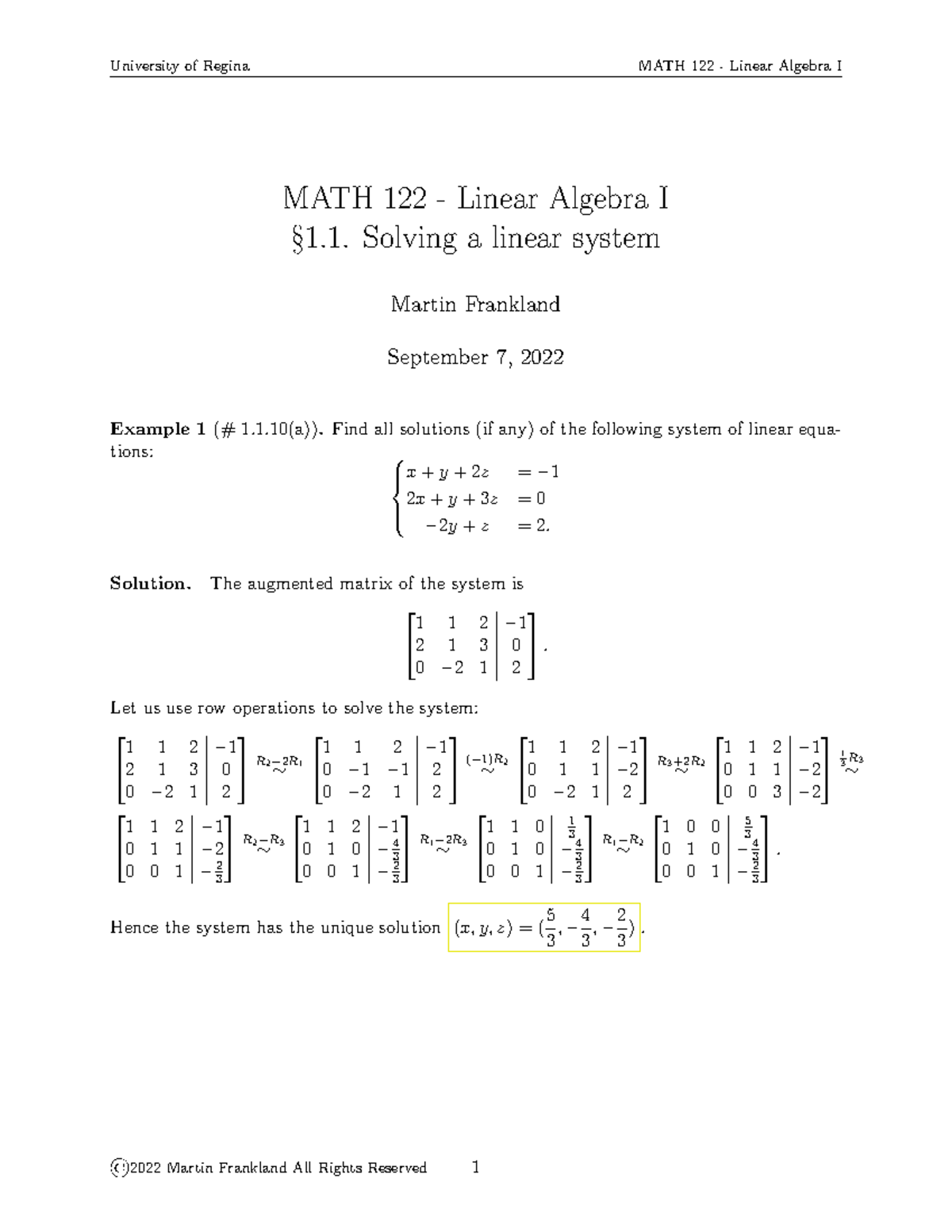 Math122 1-1 Linear System - University of Regina MATH 122 - Linear Algebra I MATH 122 - Linear ...