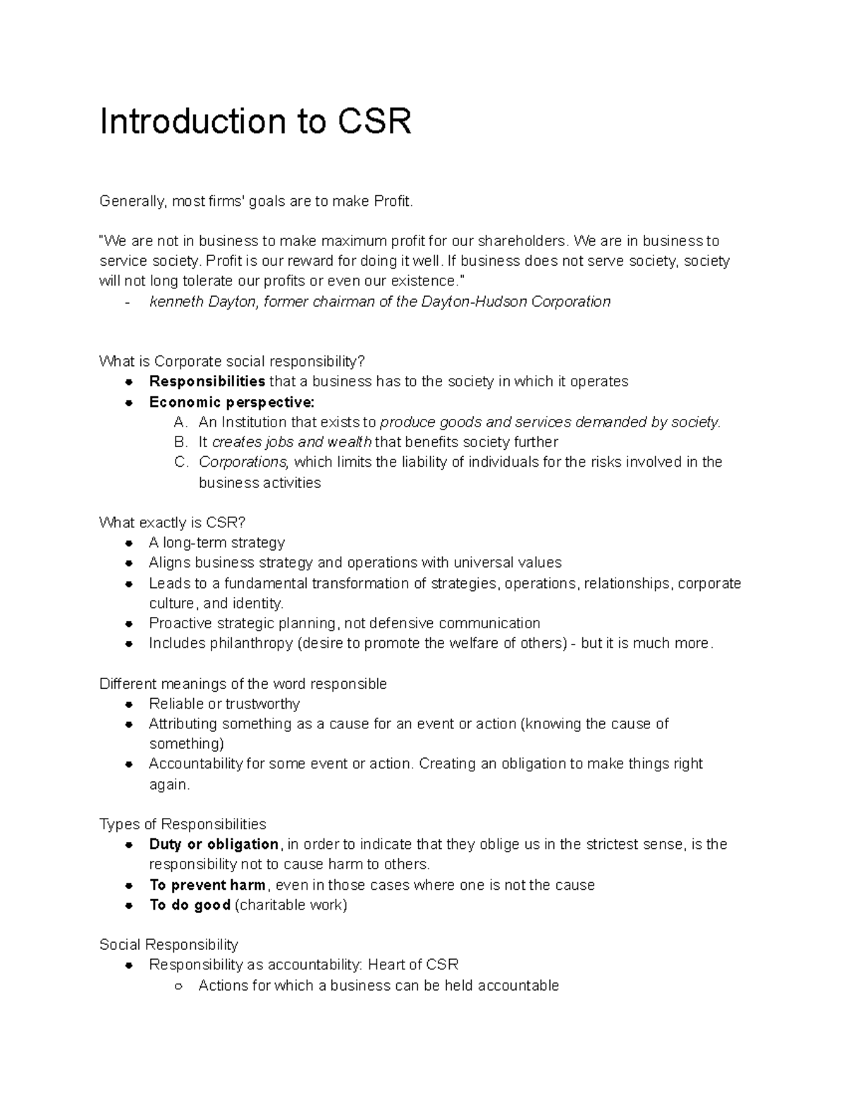 CSR and Governance Notes - Introduction to CSR Generally, most firms ...