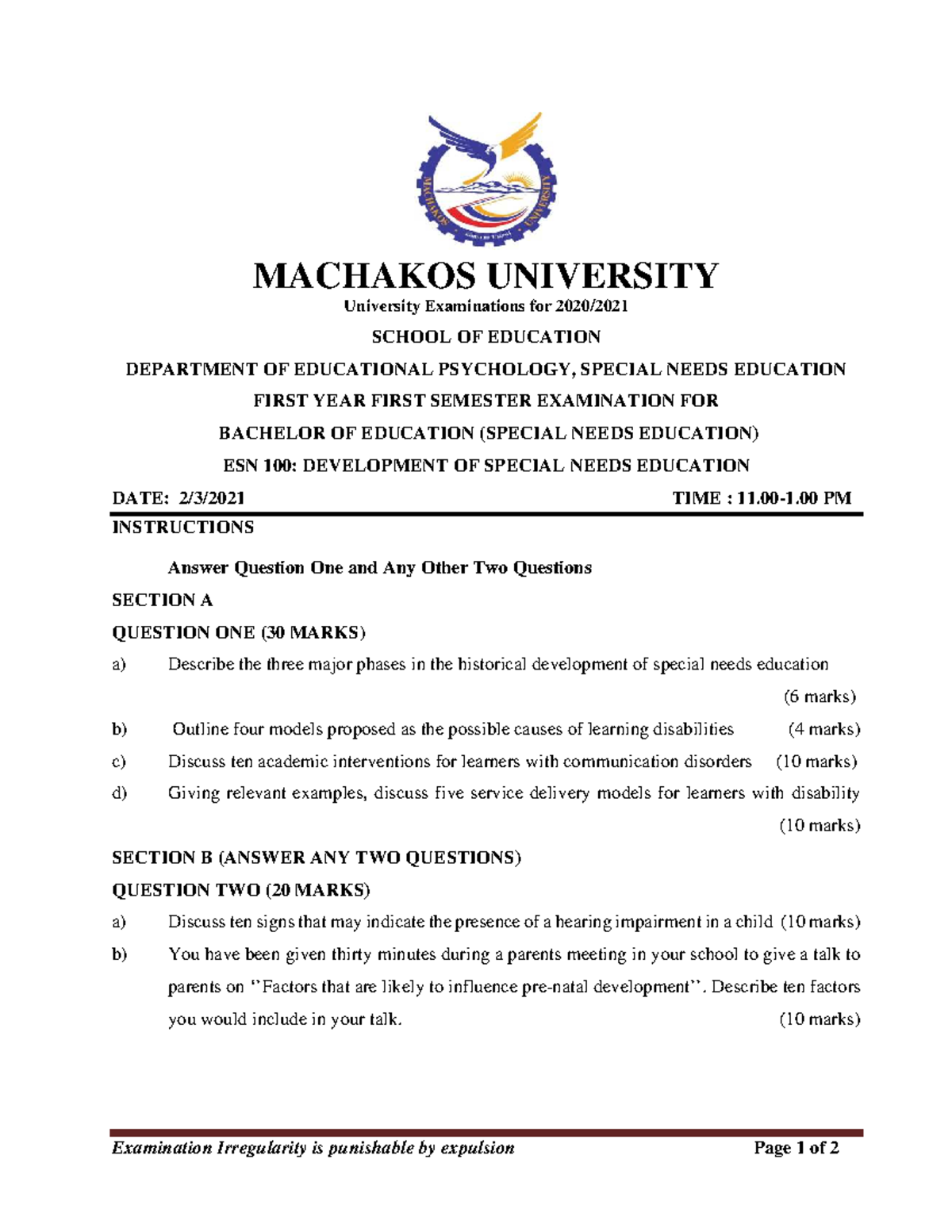 ESN 100 Development OF Special Needs Education - Examination ...