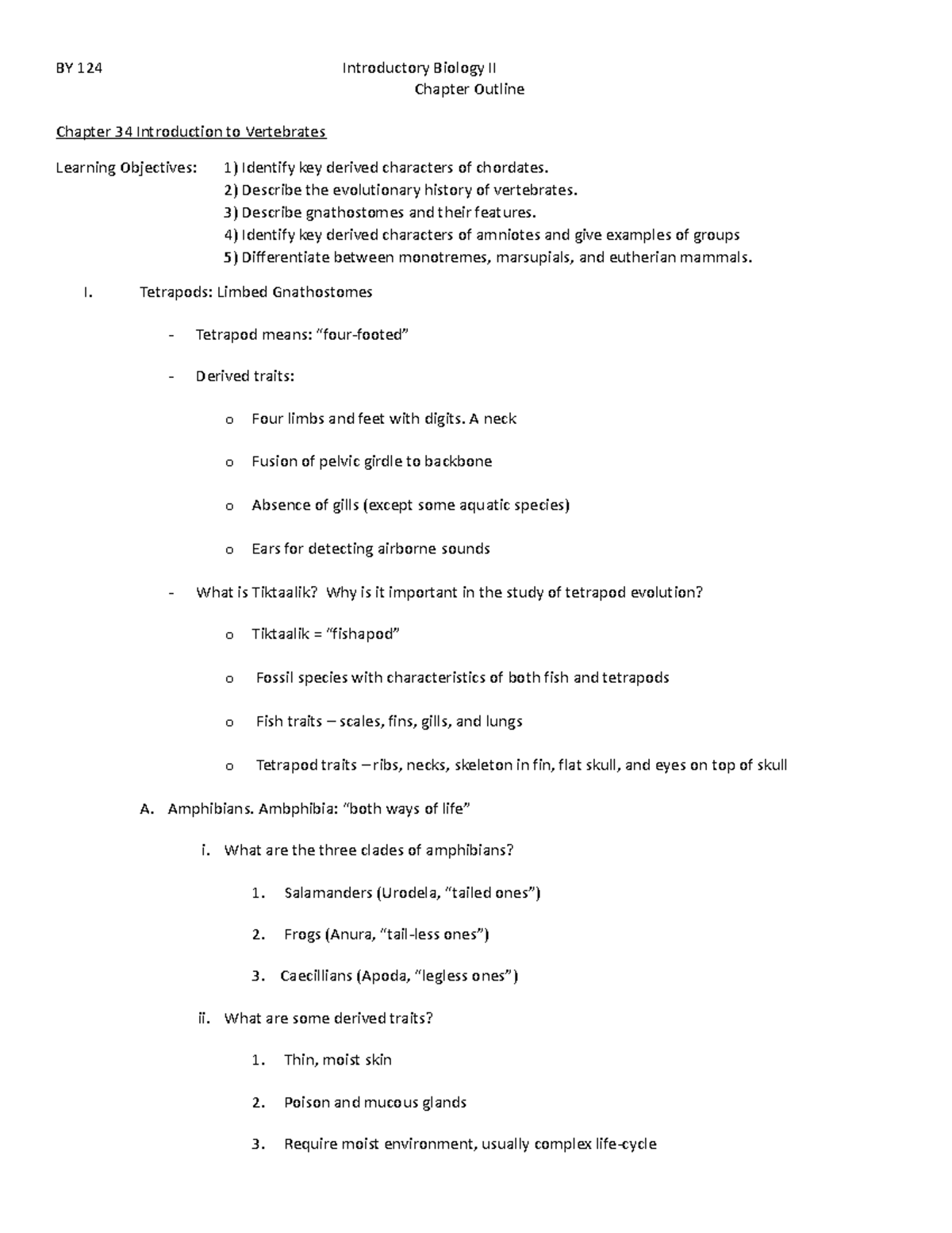 CH 34 Vertebrates - Gibbon's Ch. 34 end lecture notes - BY 124 ...