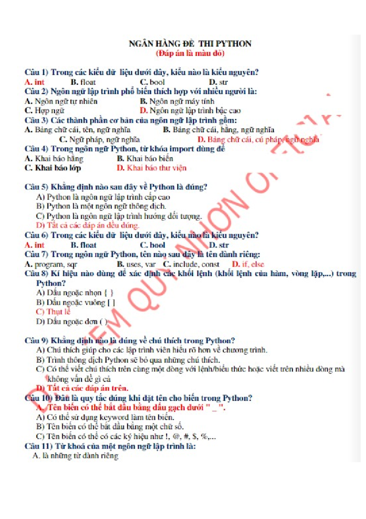 ĐỀ TRẮC NGHIỆM TIN HỌC 11 Python HKI - Công nghệ thông tin - Studocu