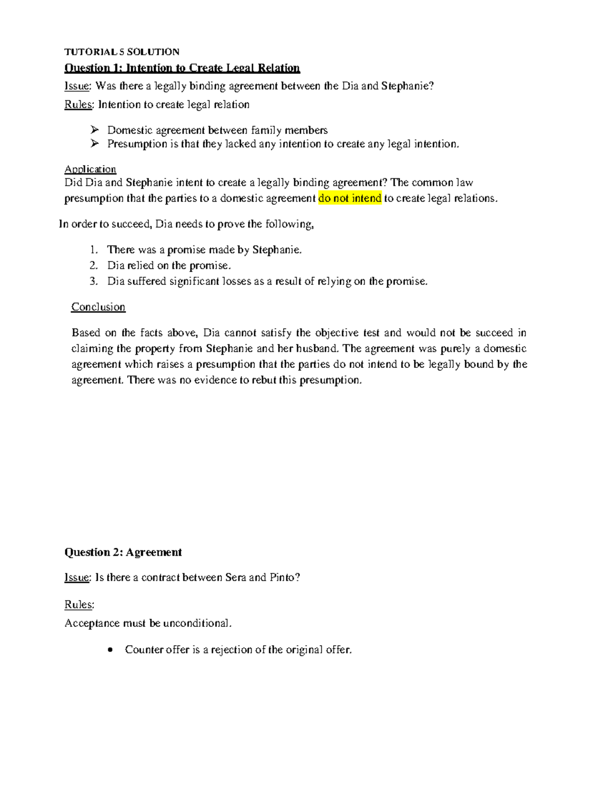 LAW501 Tutorial 5 solution - TUTORIAL 5 SOLUTION Question 1: Intention to Create Legal Relation ...