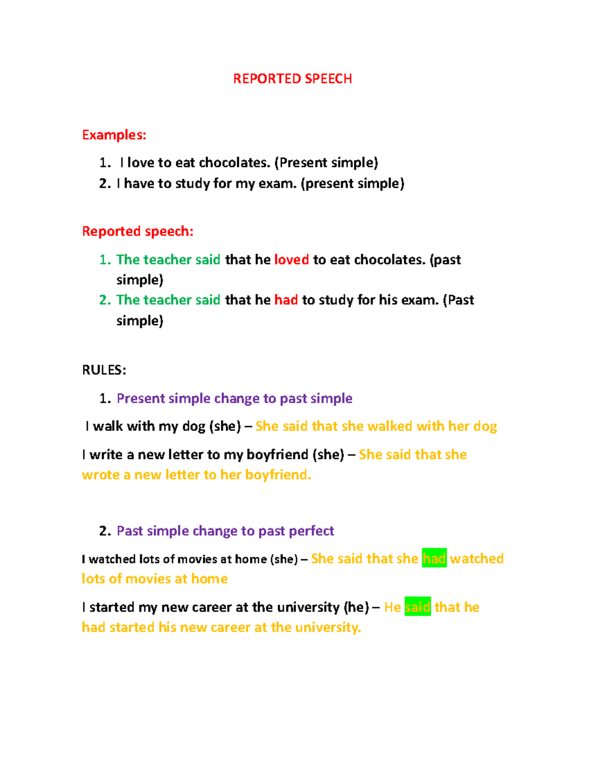 Reported Speech - apuntes - REPORTED SPEECH Examples: 1. I love to eat ...