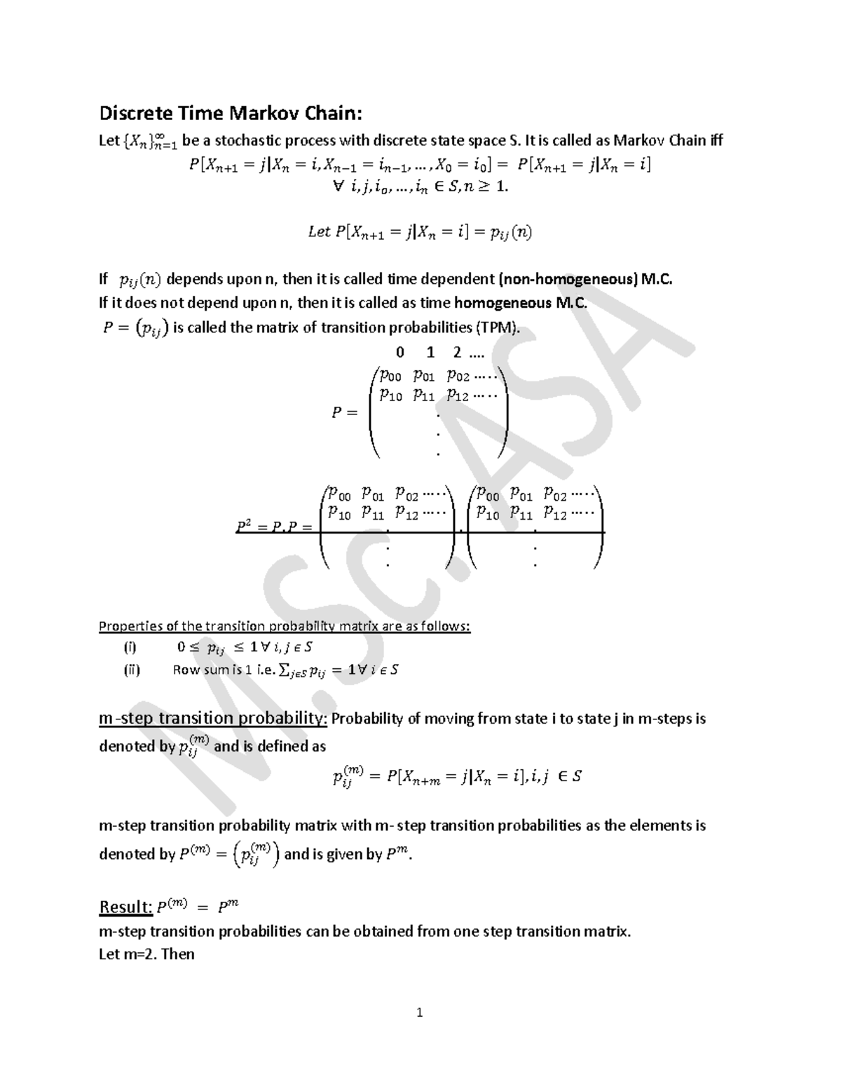 Study Material Markov Chain - Discrete Time Markov Chain: Let {𢰀 ௡ } ௡=ଵ ∞ be a stochastic ...