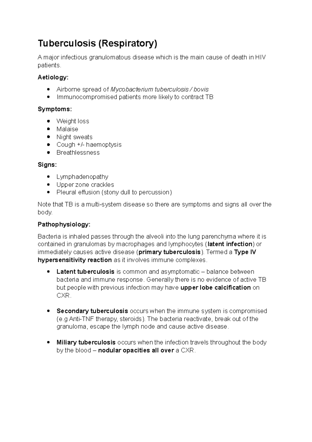 Disease summary: Tuberculosis - Tuberculosis (Respiratory) A major ...