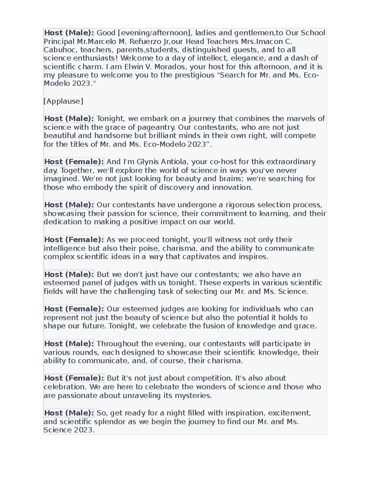 Host Script for Mr.and Ms Eco-Modelo 2023 - Host (Male): Good [evening ...