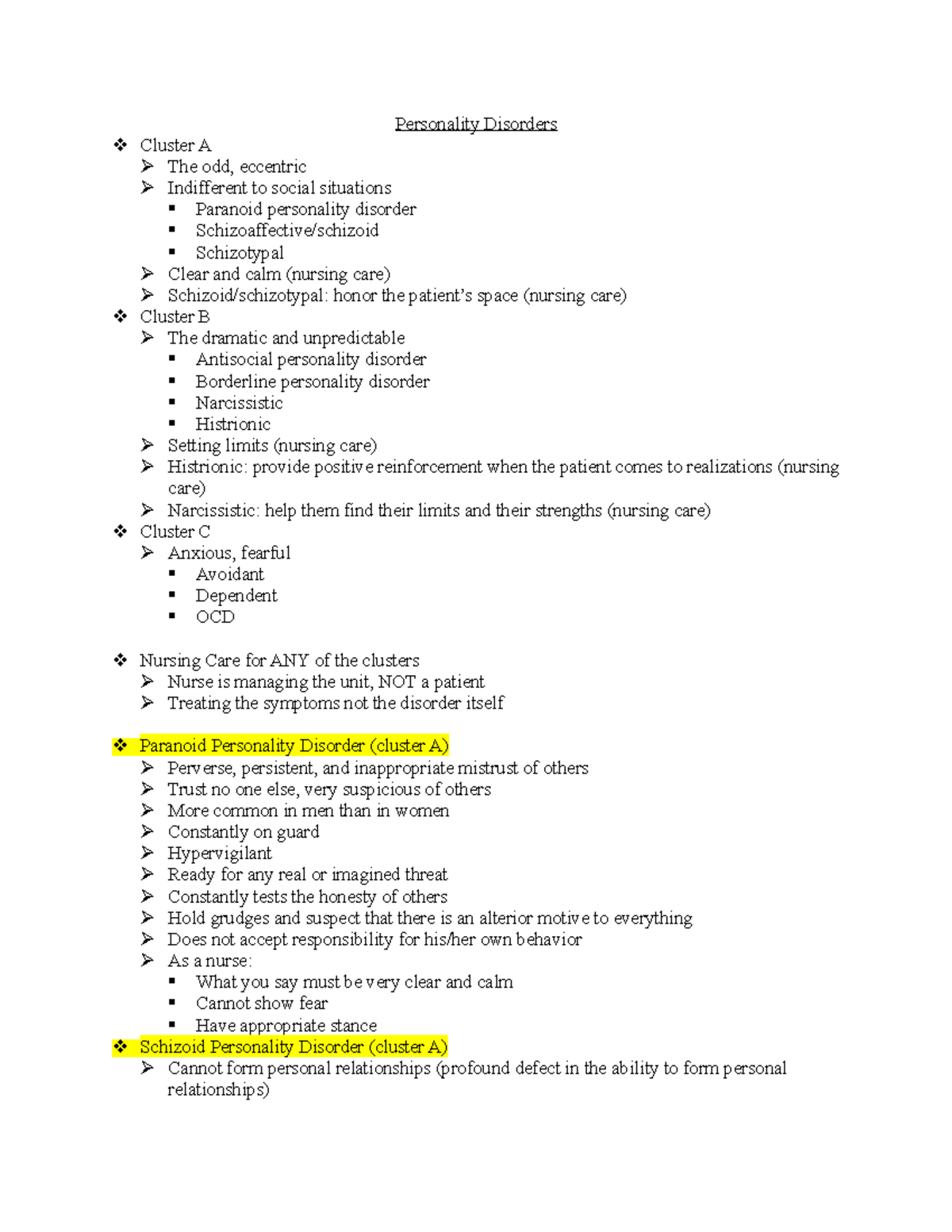 NUR356 Personality Disorders - Personality Disorders Cluster A The odd ...