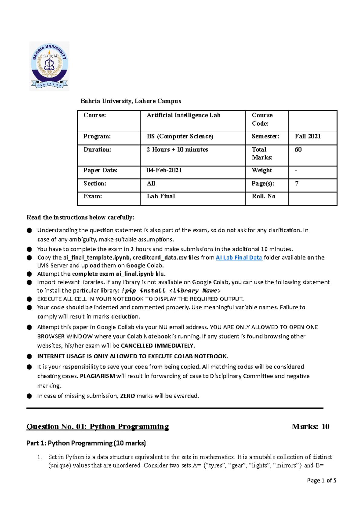 AI Final Exam - Bahria University, Lahore Campus Course: Artificial ...