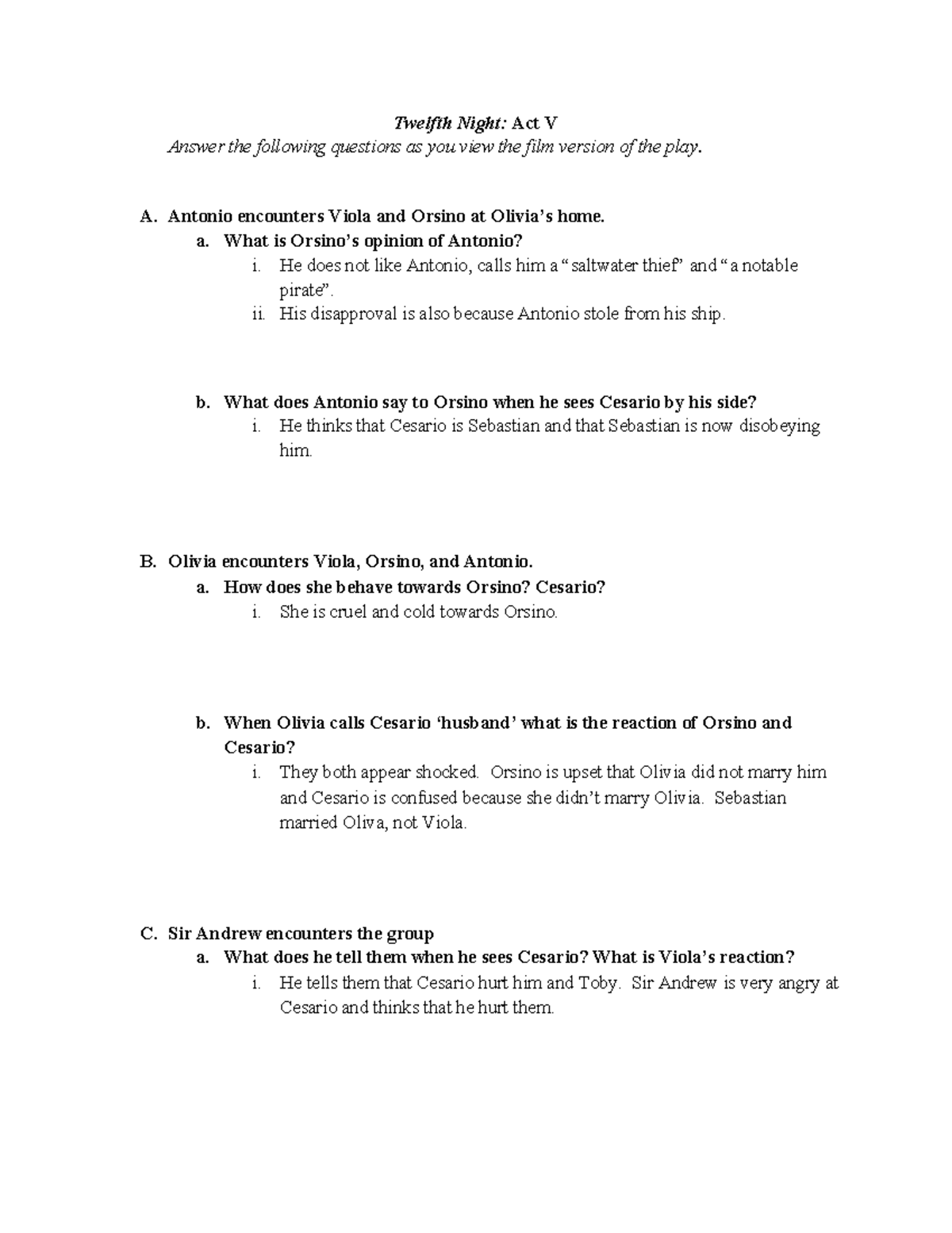 12th Night Act 5 Answers - Twelfth Night: Act V Answer the following ...