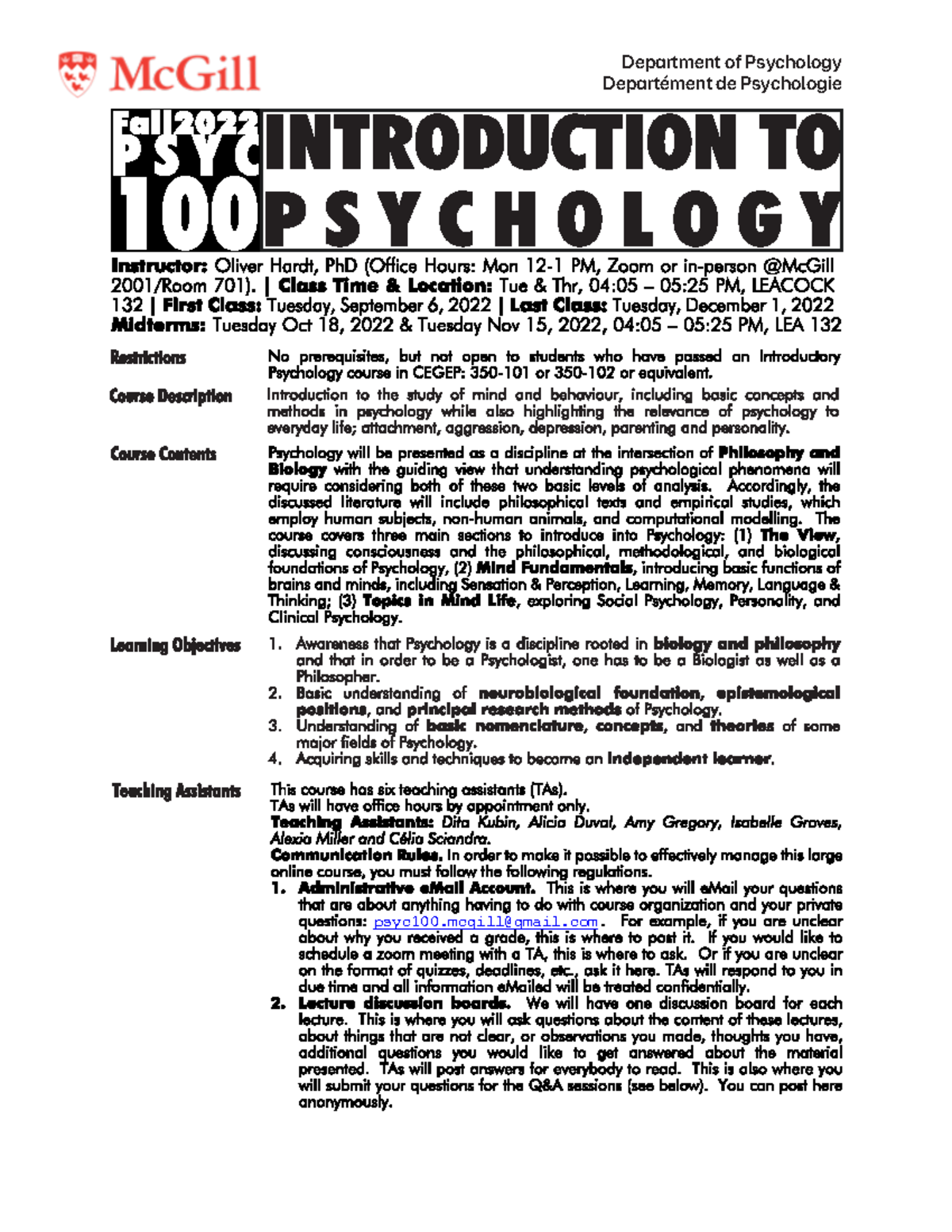 [PSYC 100 2022F] Syllabus 1 - Psyc 100 - Dep!rtment of Psycho"ogy Dep!rtément de - Studocu