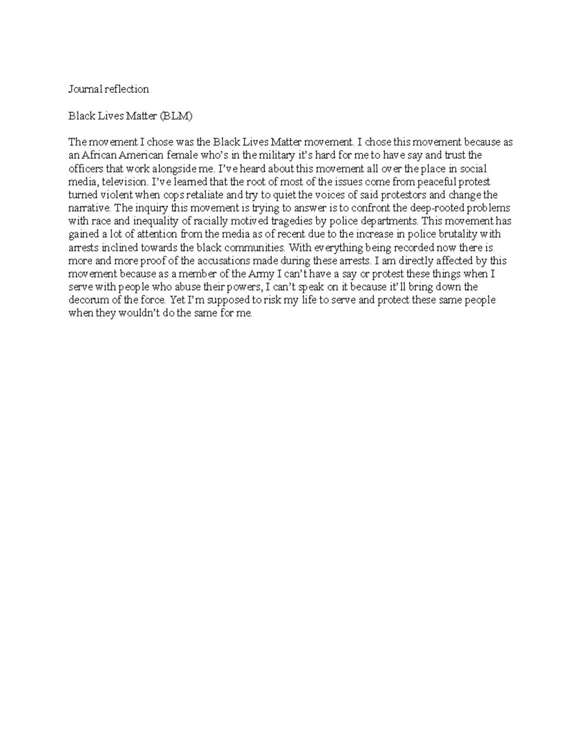 Journal reflection SCS-100 - Journal reflection Black Lives Matter (BLM ...