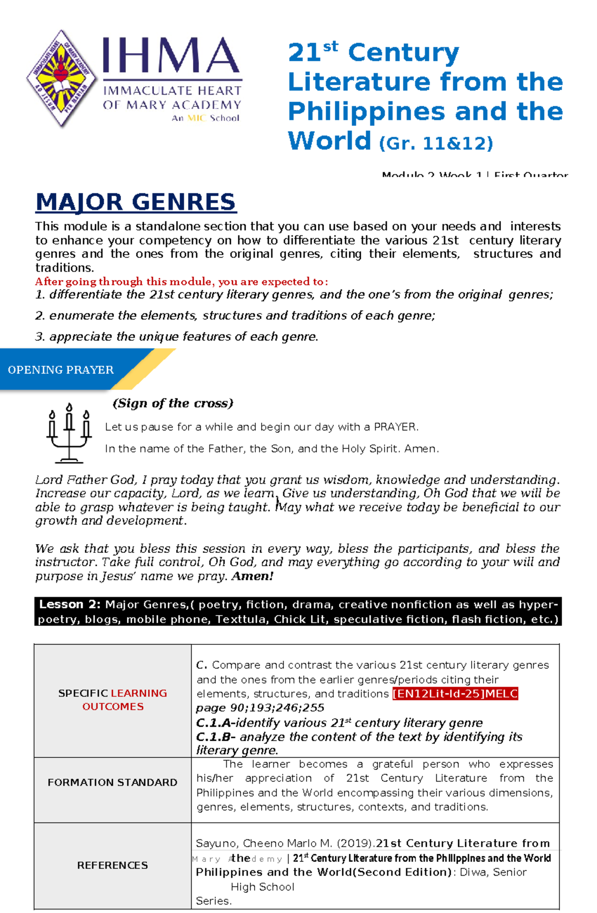 21st Century Literature Module 2 Major Genres - MAJOR GENRES This module is a standalone section ...