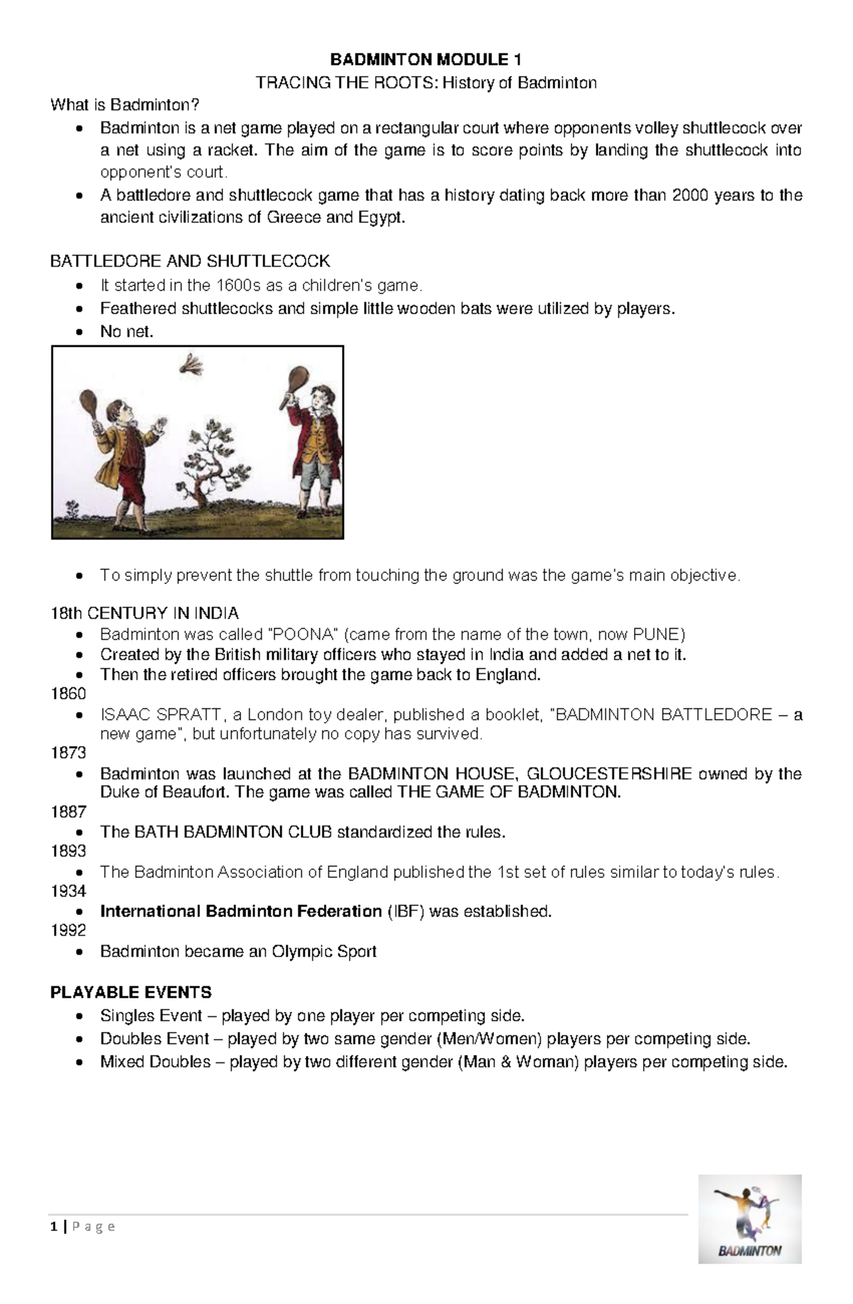 Badminton Module 1 3 - Lecture notes only - BADMINTON MODULE 1 TRACING ...