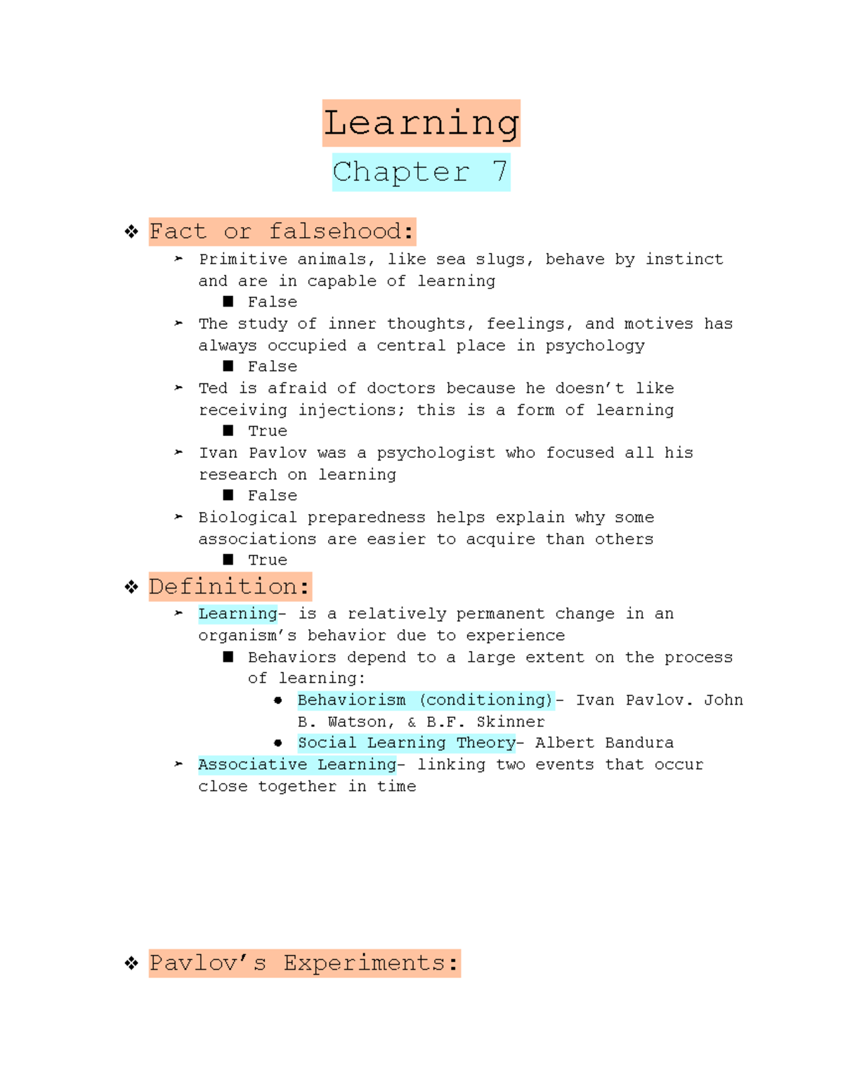 Chapter 7 - basic notes - Learning Chapter 7 Fact or falsehood ...