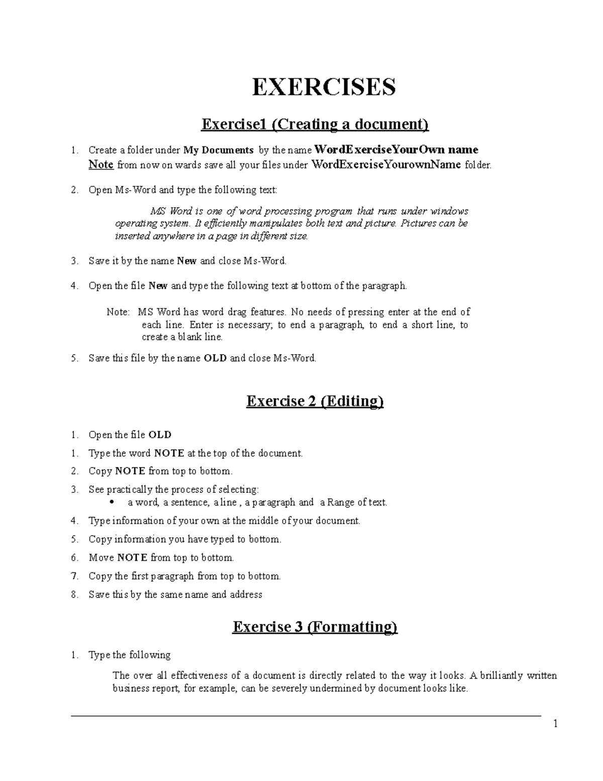 # Word Exercise - EXERCISES Exercise1 (Creating a document) 1. Create a ...