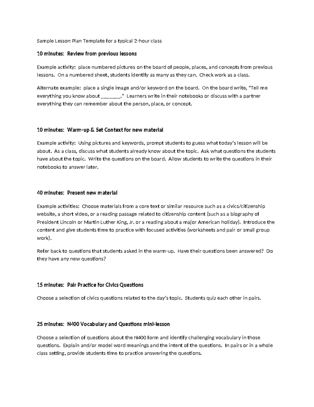 2-hour class lesson plan template 2 - Sample Lesson Plan Template for a ...