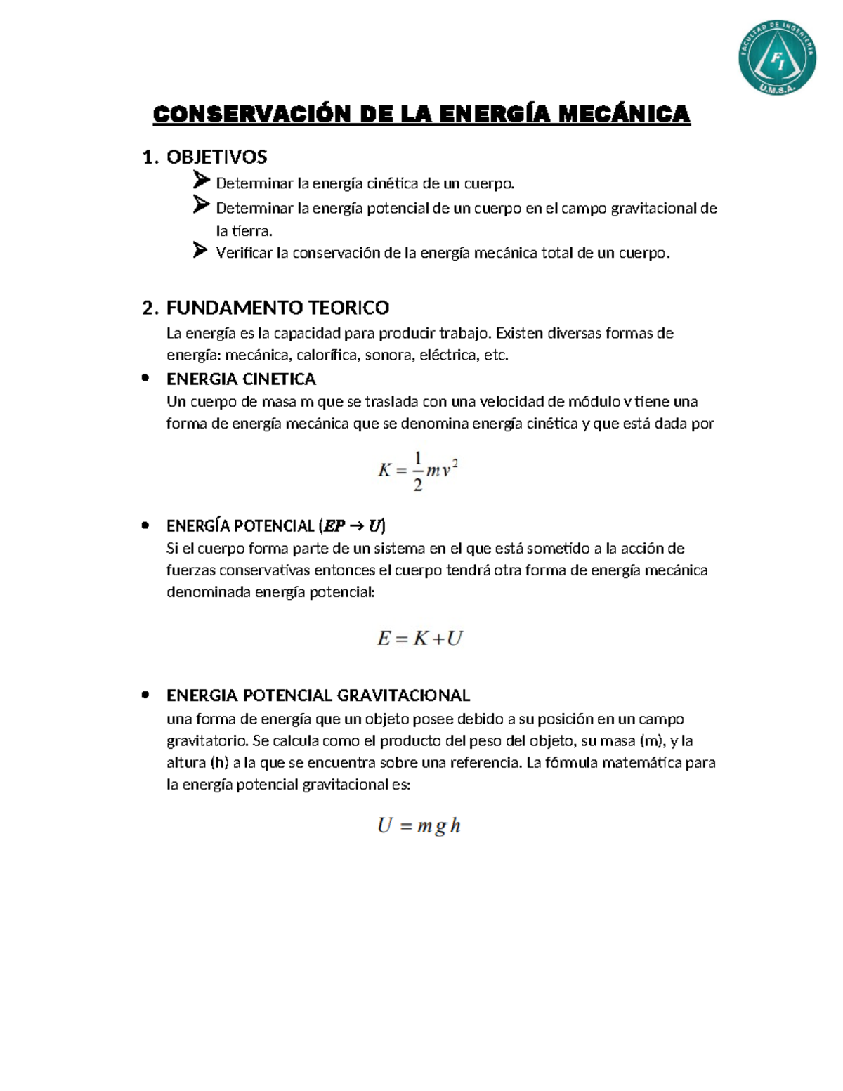 Conservación DE LA Energía Mecánica - CONSERVACIÓN DE LA ENERGÍA ...