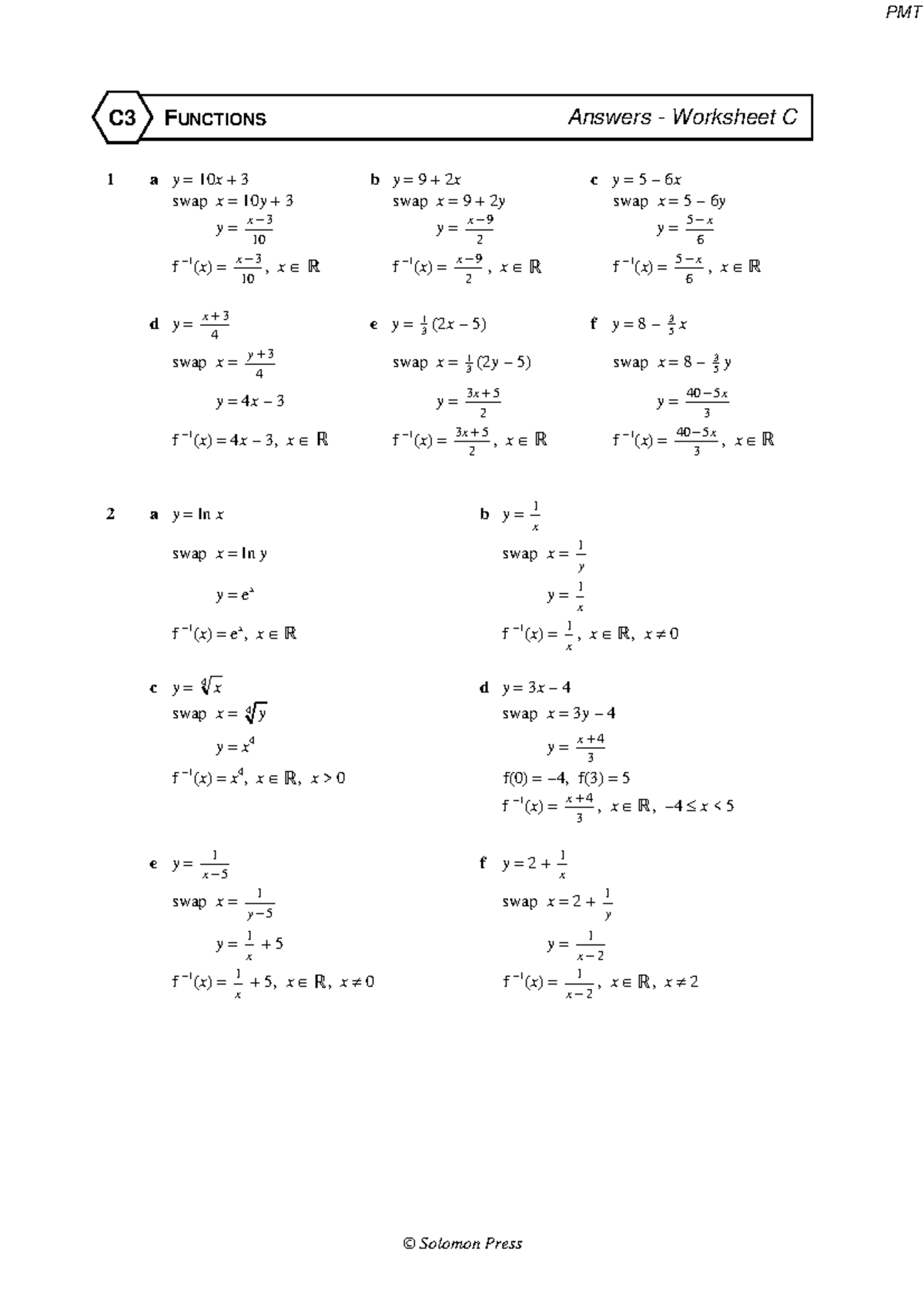 C3 Functions C - Answers - C3 FUNCTIONS Answers - Worksheet C 1 a y ...