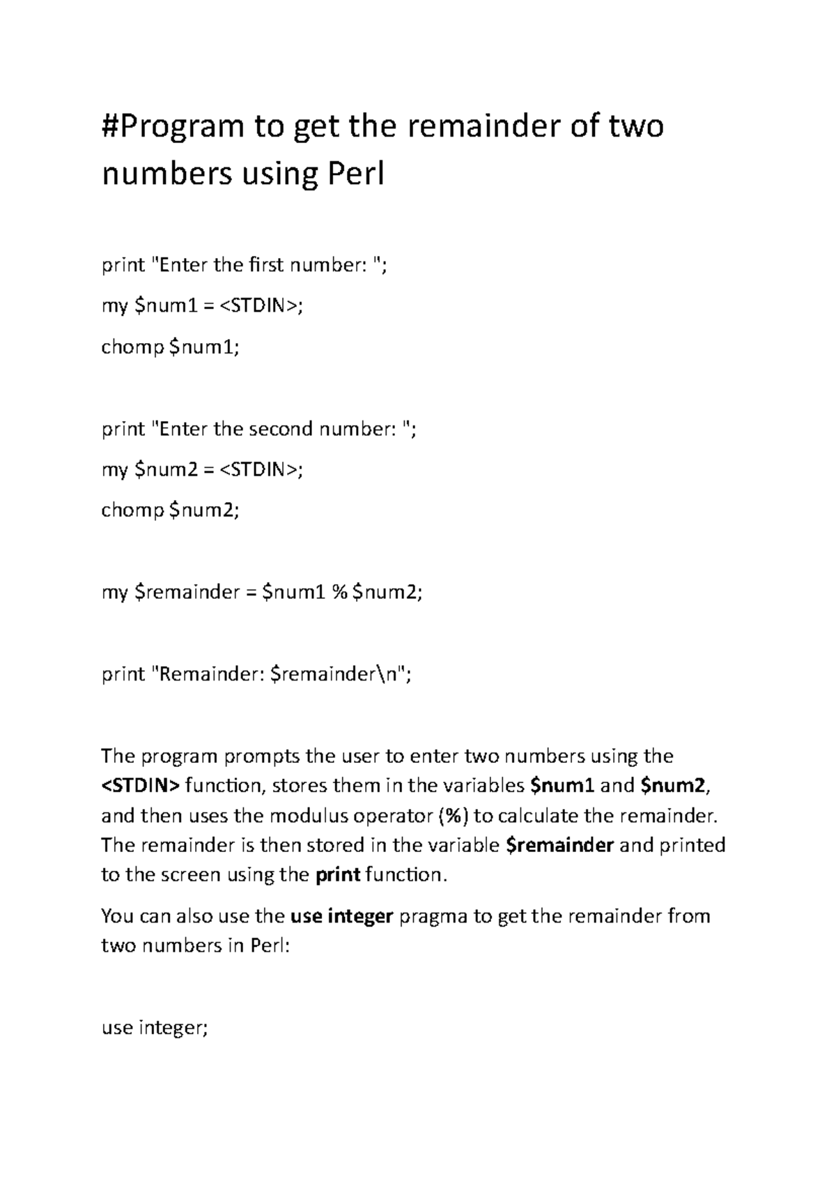 Remainder of two numbers - Perl - #Program to get the remainder of two numbers using Perl print ...