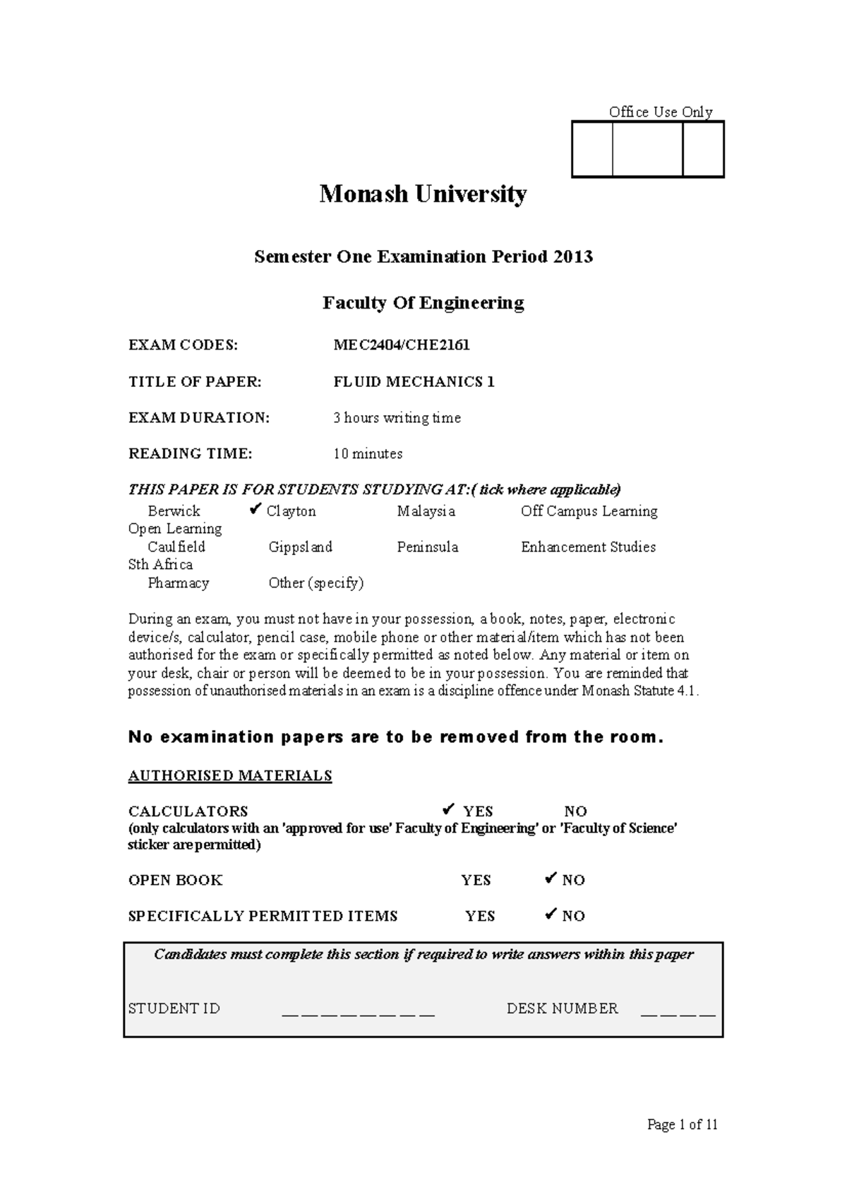 Exam 2013, questions - Office Use Only Monash University Semester One ...