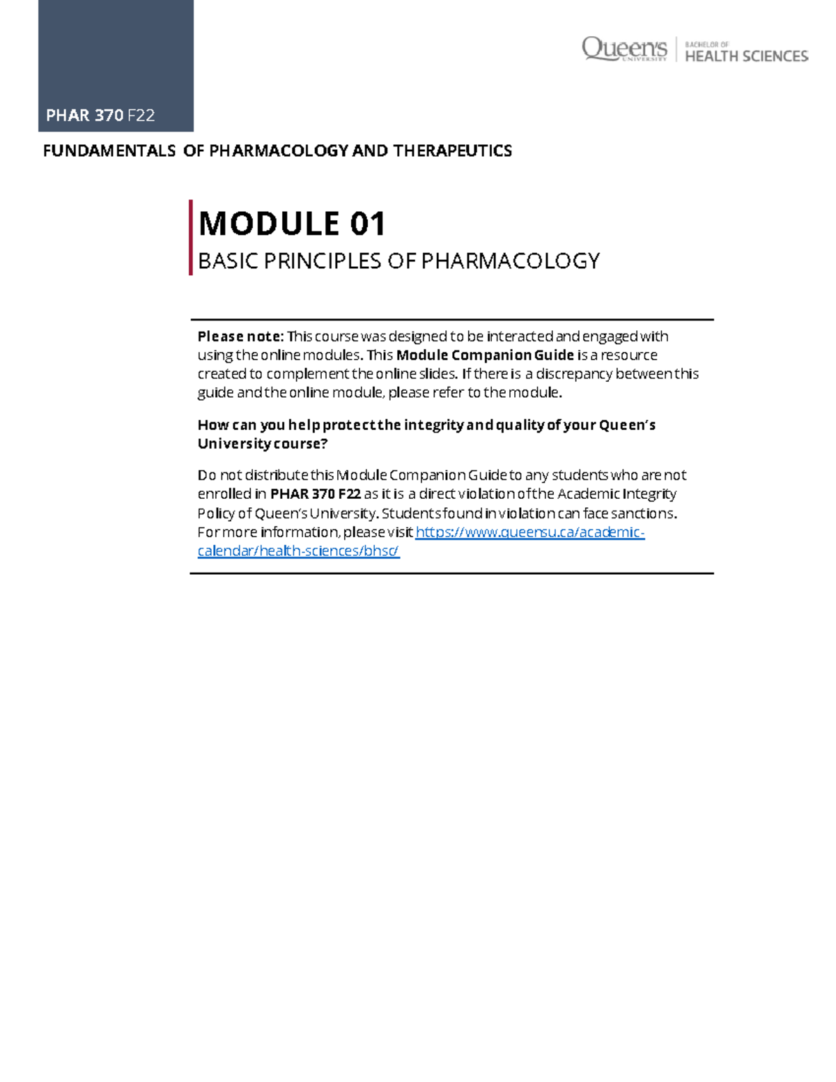 PHAR370 F22 M01 OL on Q Companion Guide - MODULE 01 BASIC PRINCIPLES OF ...