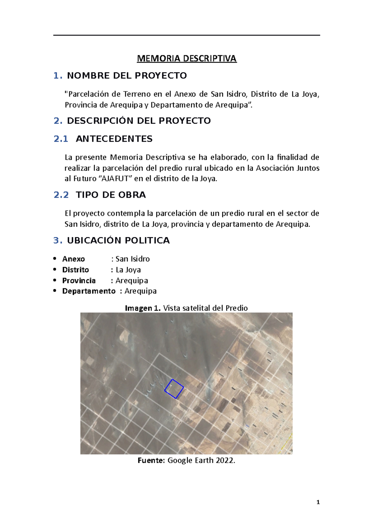 Memoria Descriptiva DE CIRA - MEMORIA DESCRIPTIVA 1. NOMBRE DEL PROYECTO "Parcelación de - Studocu