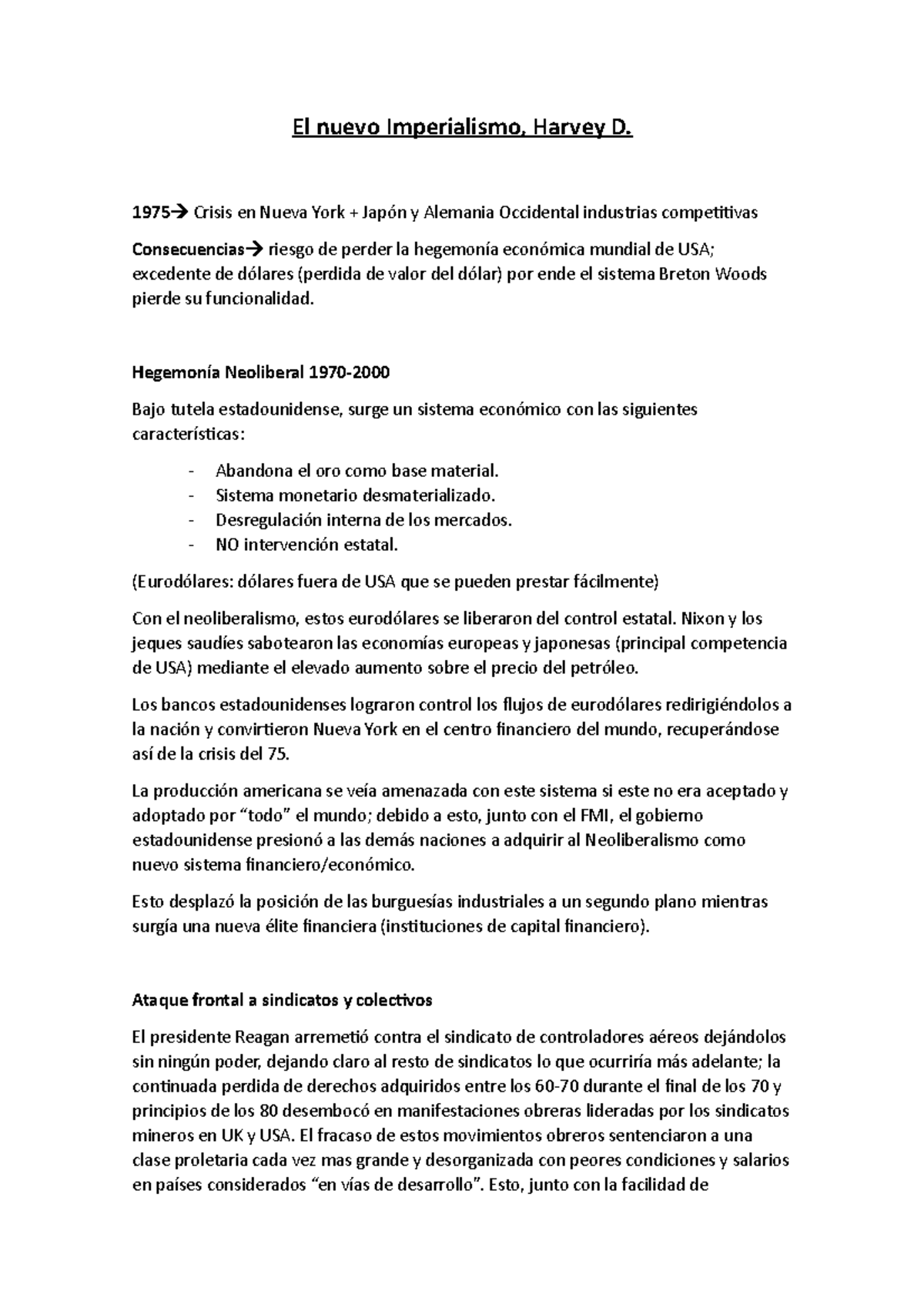 El nuevo Imperialismo - Resumen texto Harvey D, entorno económico ...