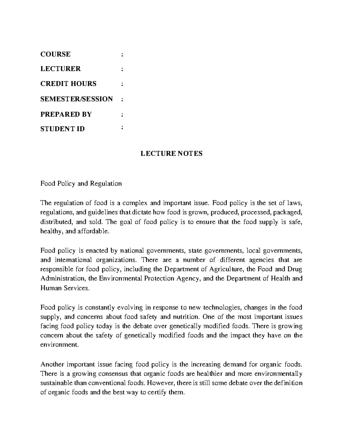 Food Policy and Regulation Lecture Notes - COURSE : LECTURER : CREDIT ...