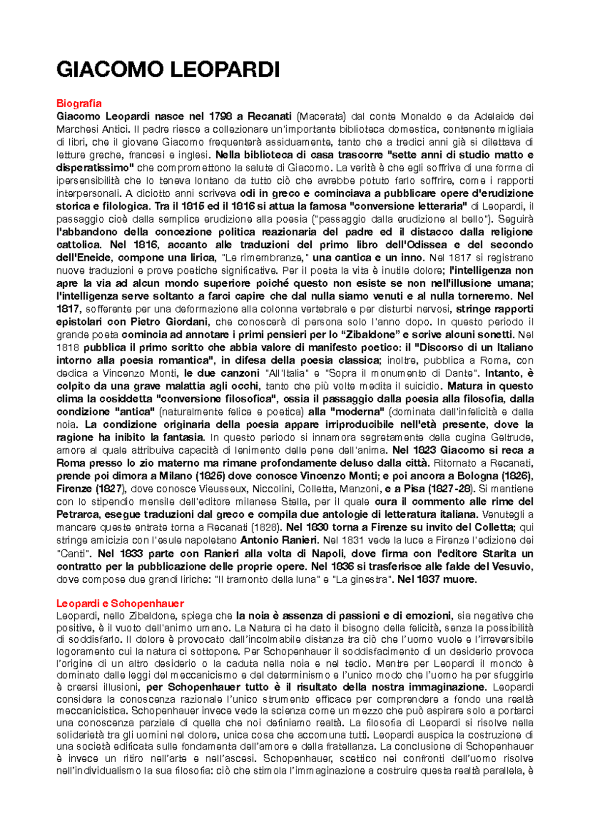 1 Italiano Finale - GIACOMO LEOPARDI Biografia Giacomo Leopardi nasce ...