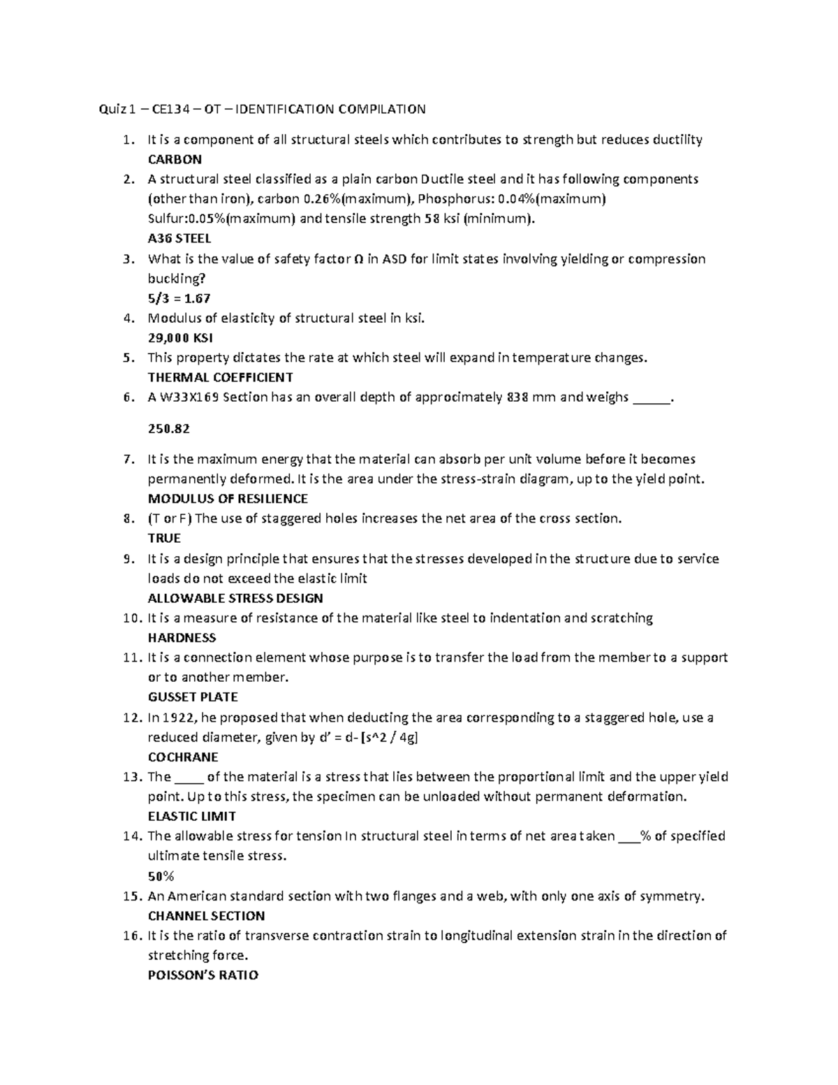 Steel 04 - Quiz 1 – CE134 – OT – IDENTIFICATION COMPILATION It is a ...