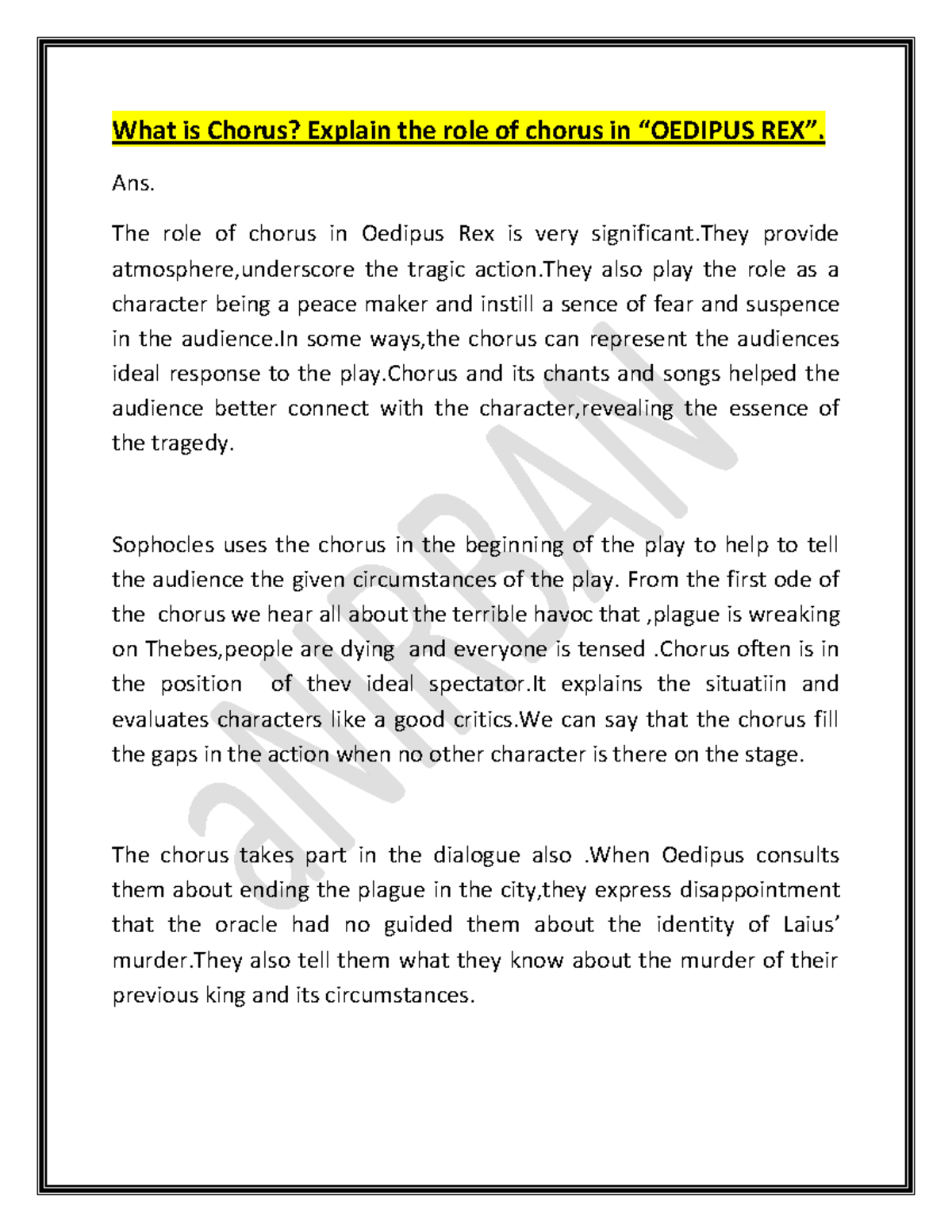 ROLE OF CHORUS IN ""OEDIPUS REX" - What is Chorus? Explain the role of ...