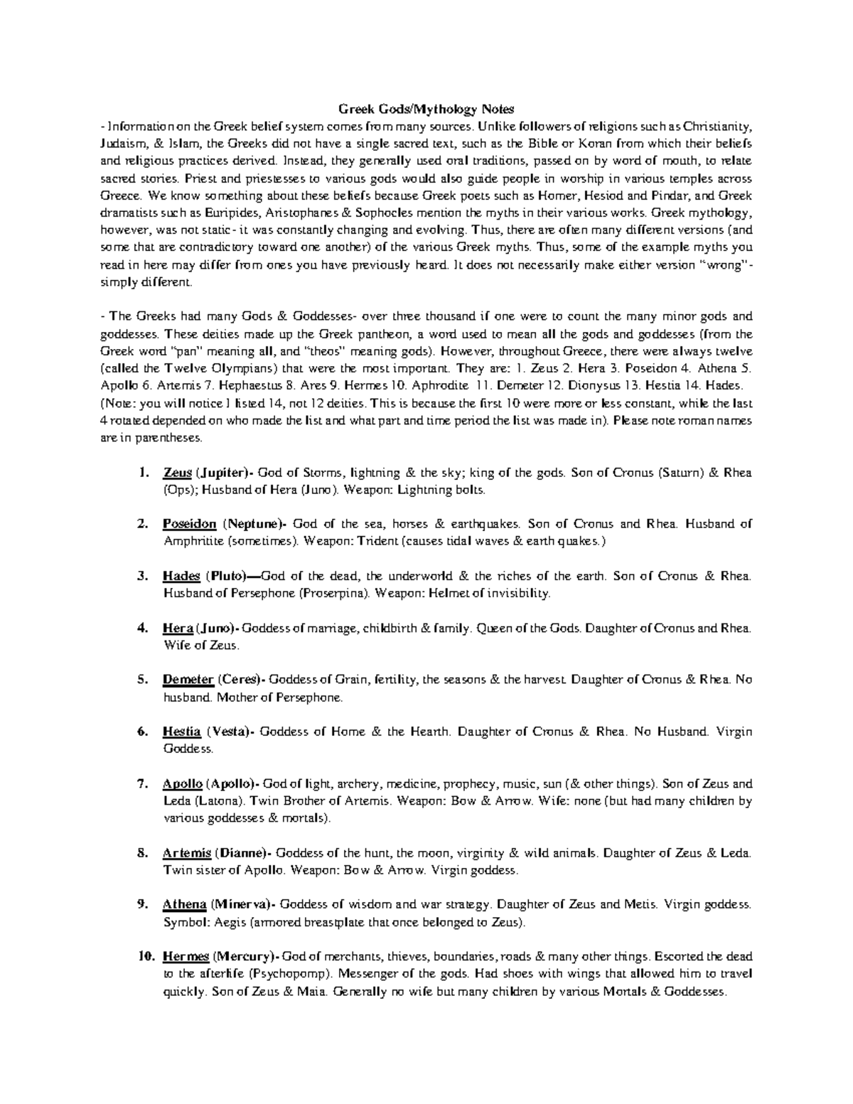 Greek Gods Notes - Greek Gods/Mythology Notes Information on the Greek ...