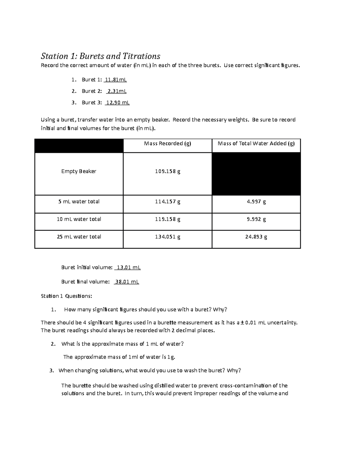 Copy of Lab Technique Worksheet - Station 1: Burets and Titrations ...