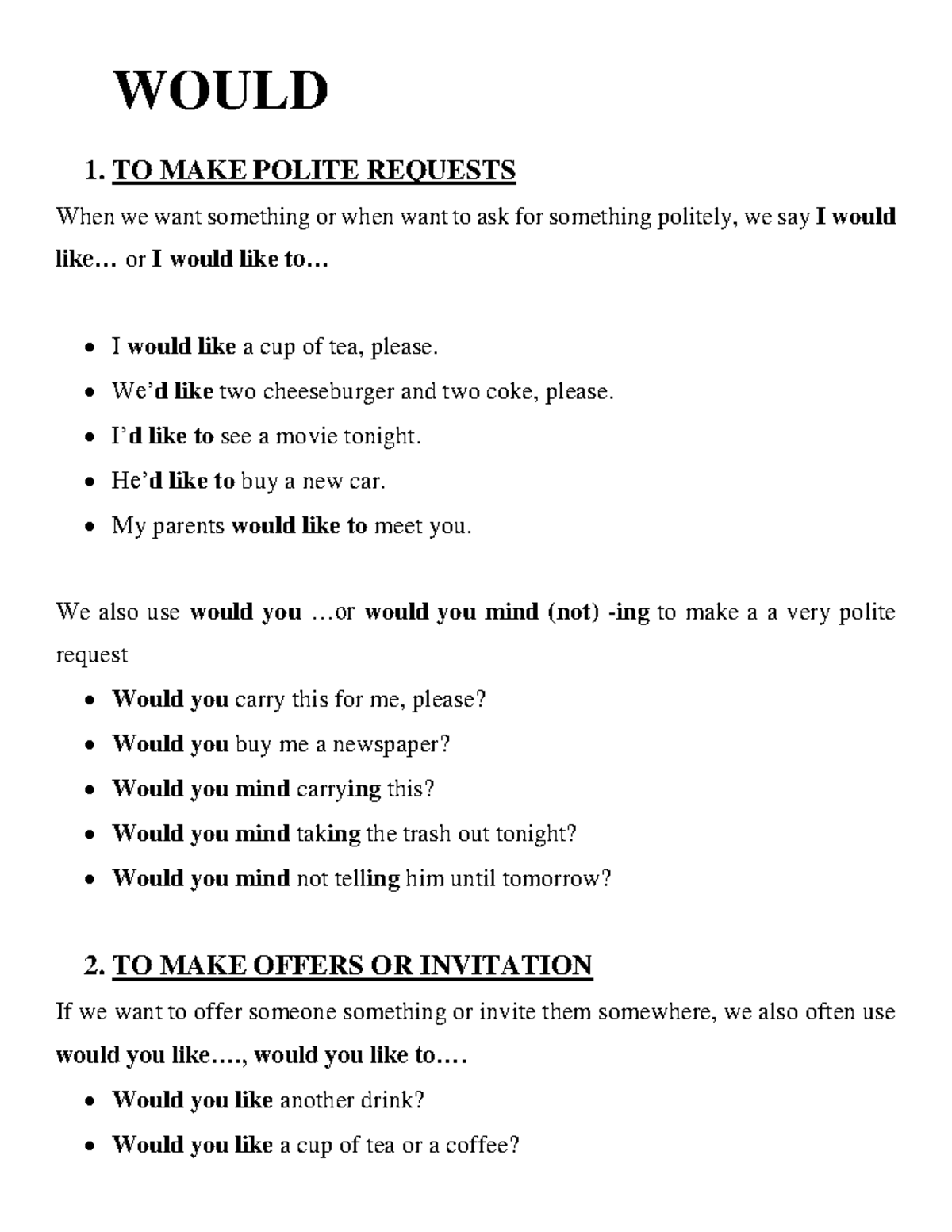 Would - These are the notes I used to teach ESL students - WOULD 1. TO ...