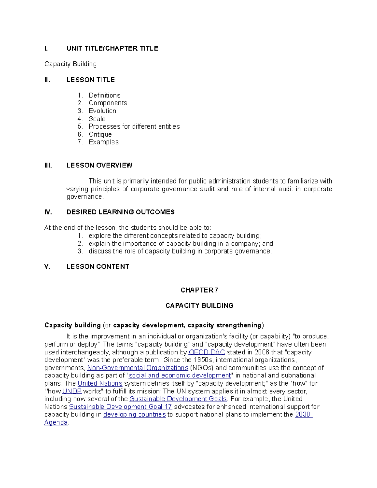 Good Governance. module 7 - I. UNIT TITLE/CHAPTER TITLE Capacity ...