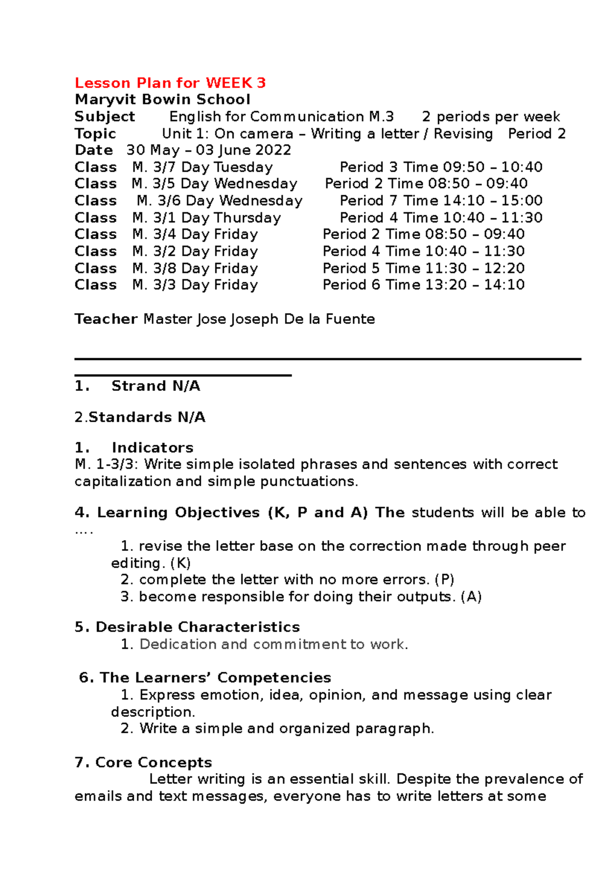 DAY 2 WK 3 (M3) - LESSON PLAN ESL - Lesson Plan for WEEK 3 Maryvit ...