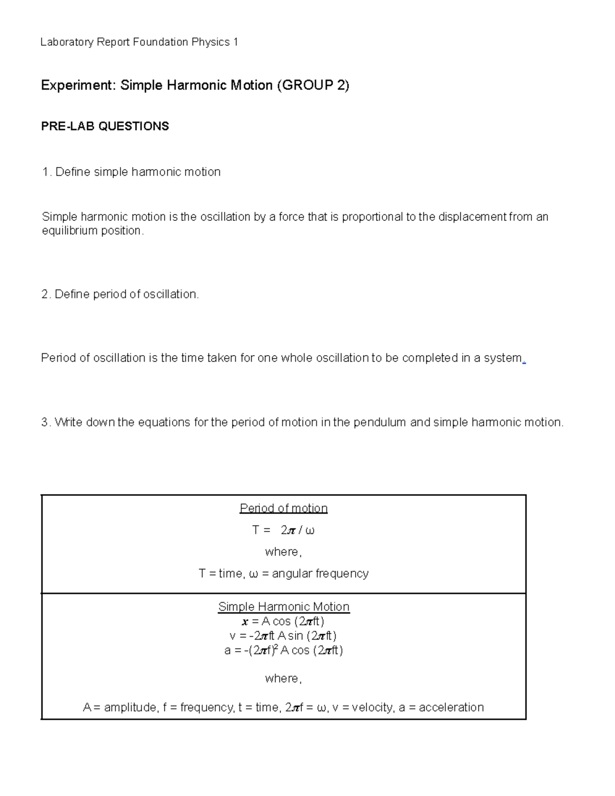 Pre-Lab Questions (Group 2) Simple Harmonic Motion - Laboratory ...
