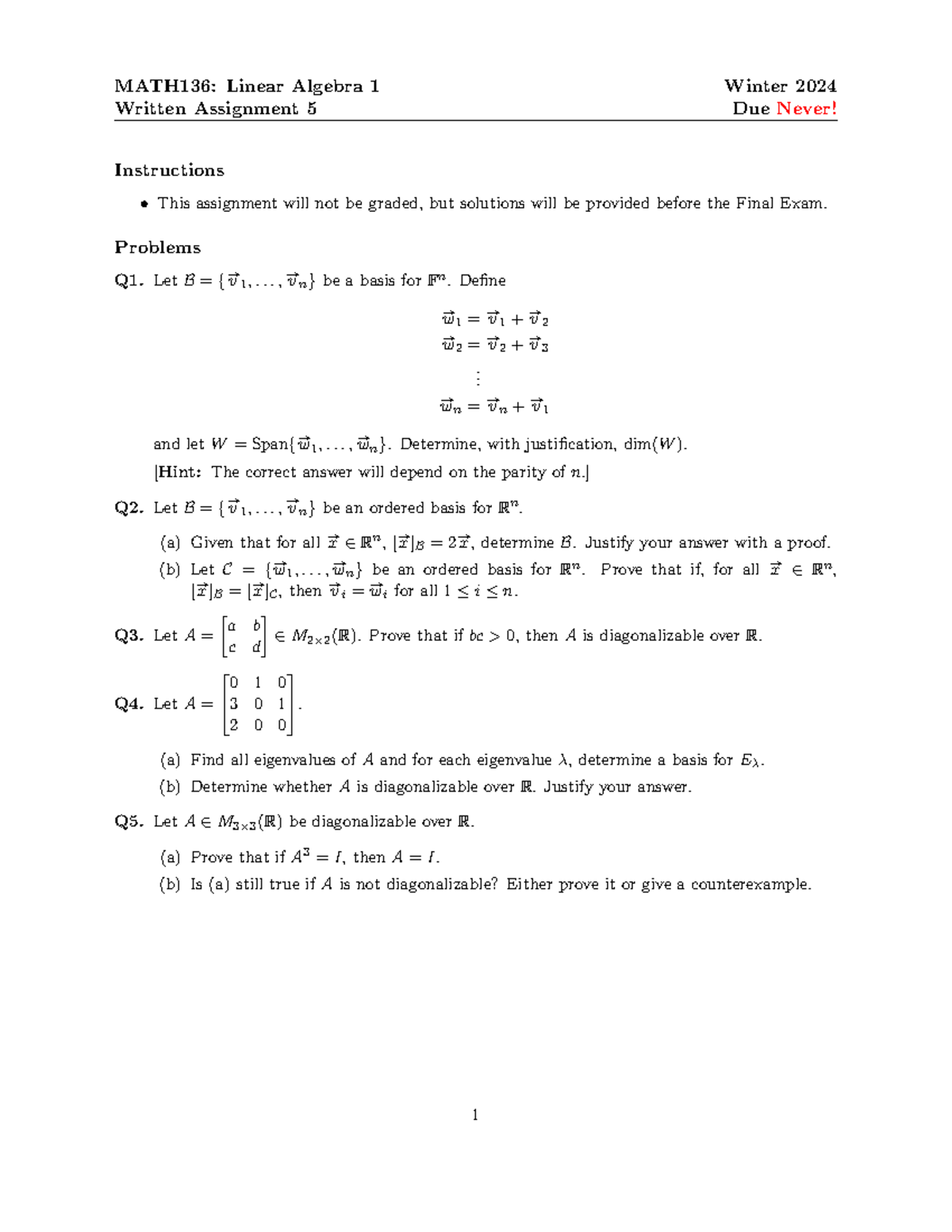 WA5 - Practice problems - MATH136: Linear Algebra 1 Written Assignment ...