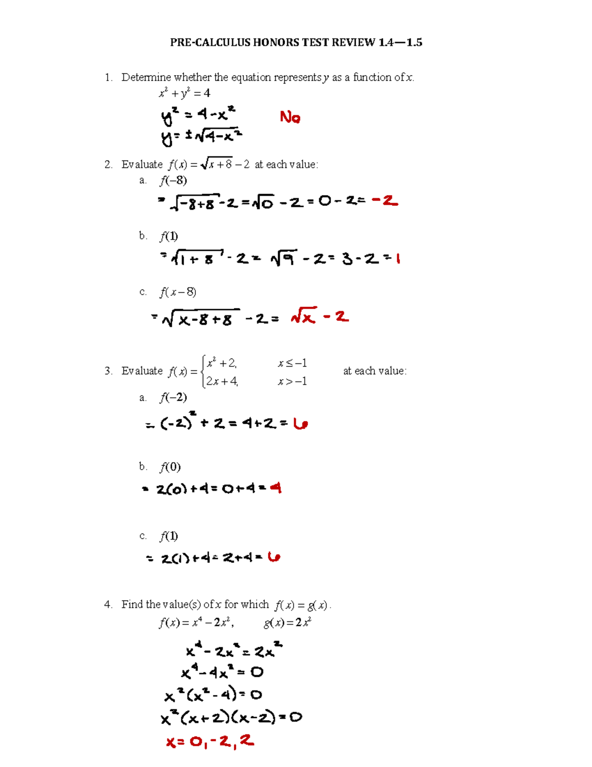 Pre Cal H Test Review 1.4-1.5 Answers - PRE$CALCULUSHONORSTESTREVIEW1—1 ...