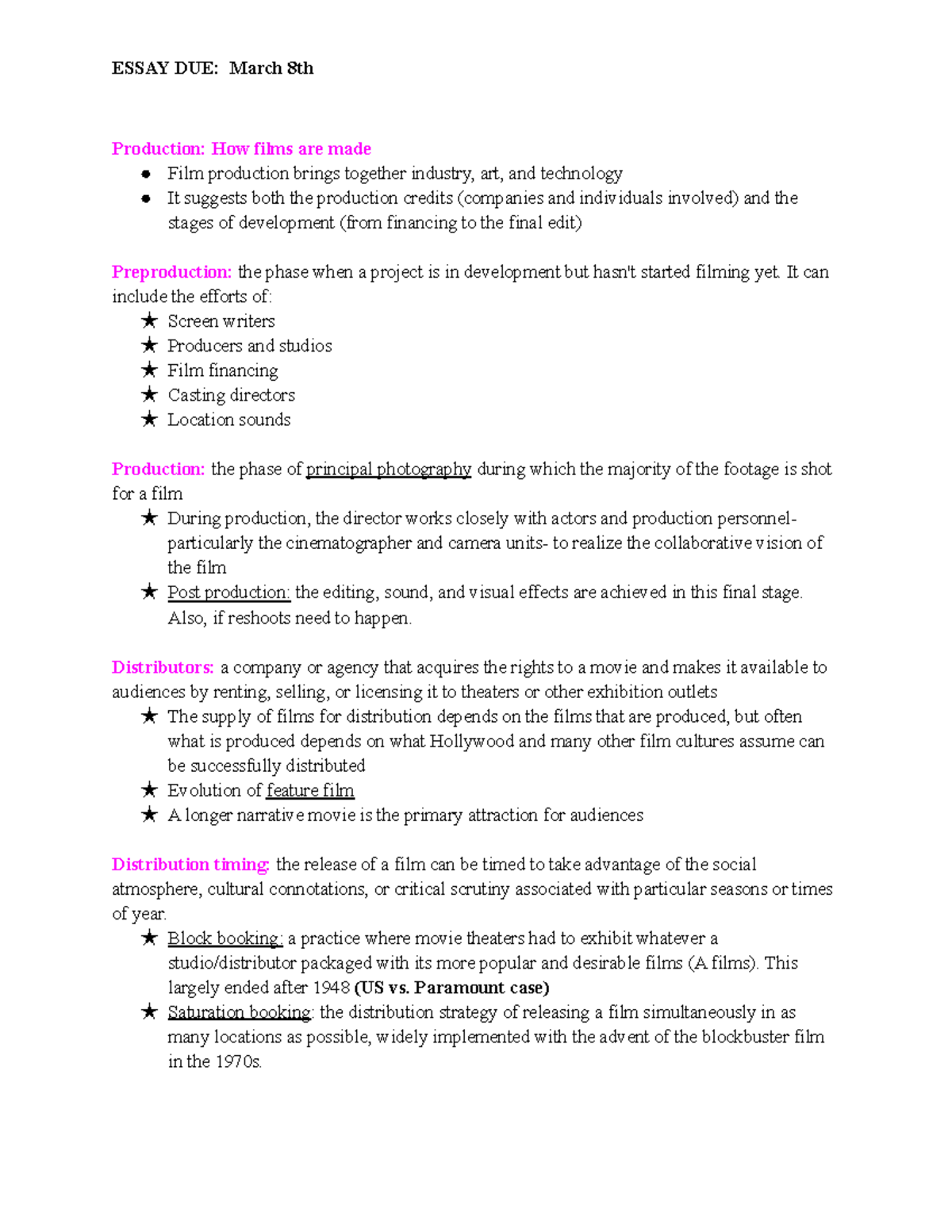 Intro to film notes - Production: How films are made Film production ...