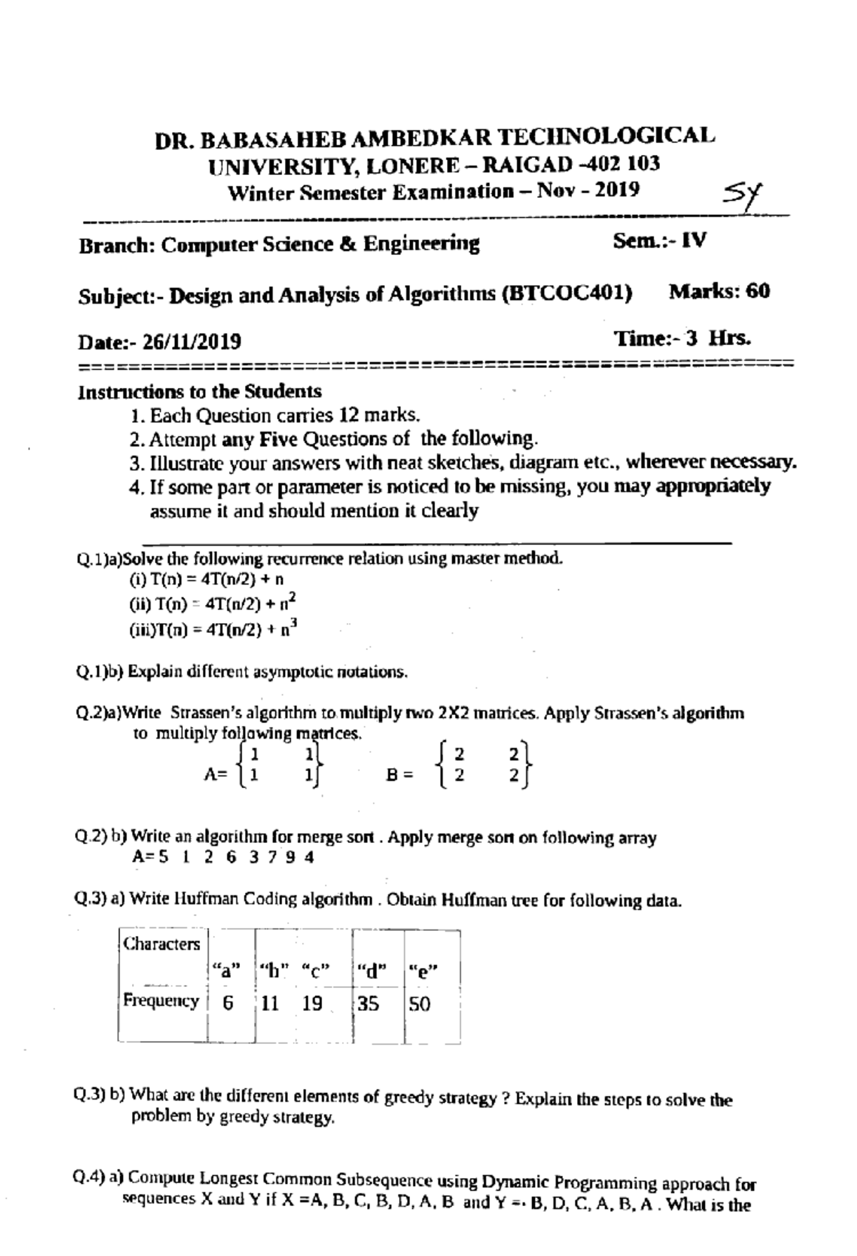 Btech Cs 4 Sem Design And Analysis Of Algorithms Btcoc 401 Nov 2019 Dr Babasaheb Ambedkar