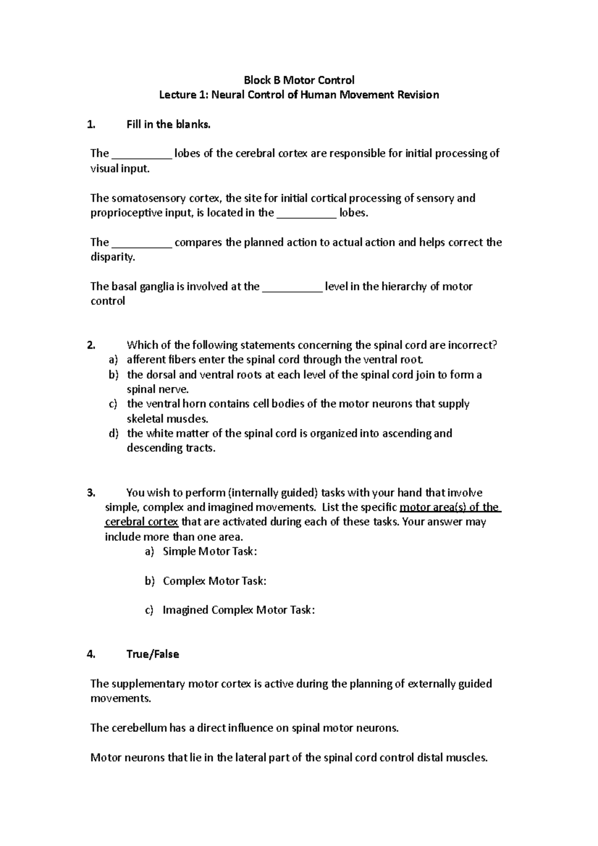1.Neural Control Revision - Block B Motor Control Lecture 1: Neural ...