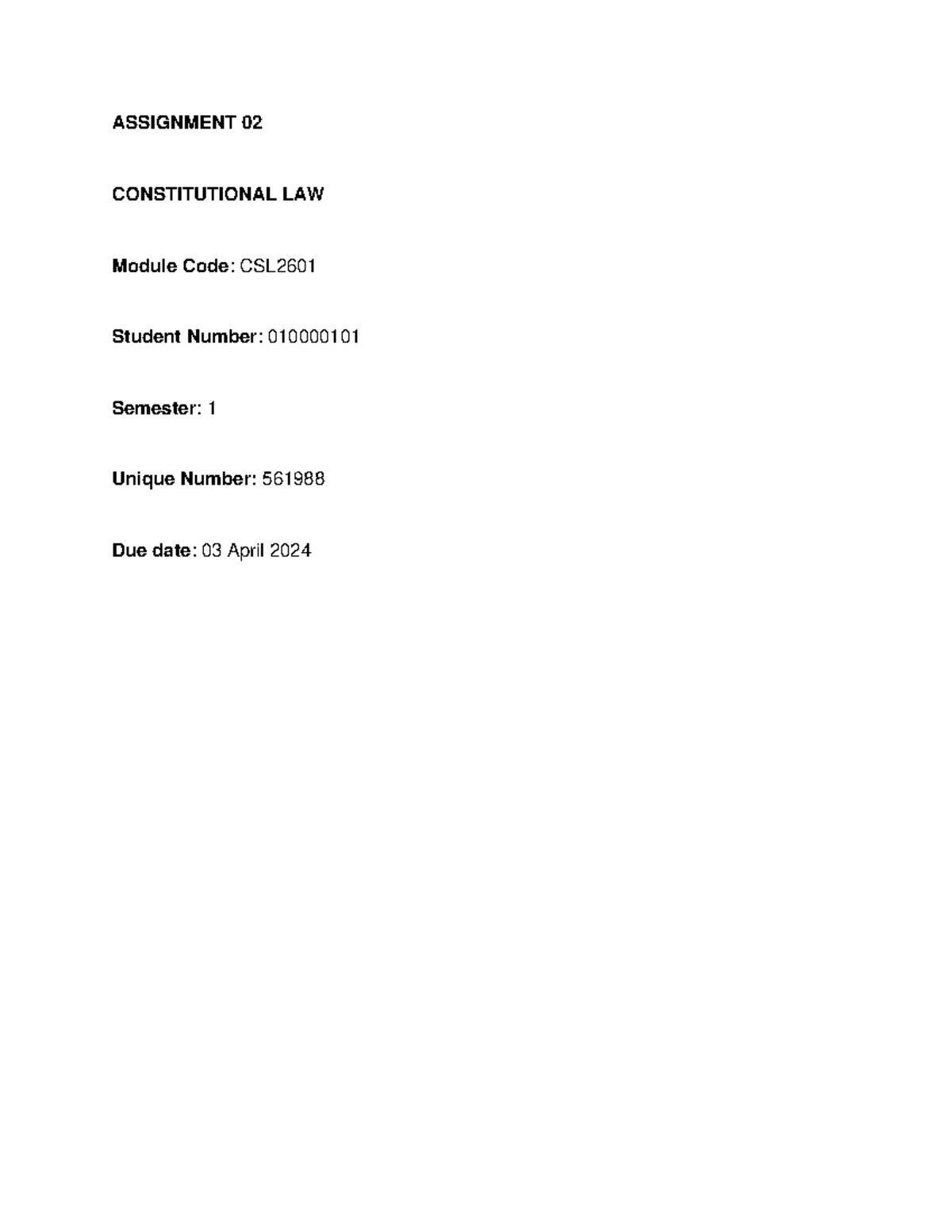 CSL2601 Assignment 02 2024@ - CONSTITUTIONAL LAW ASSIGNMENT Module Code ...