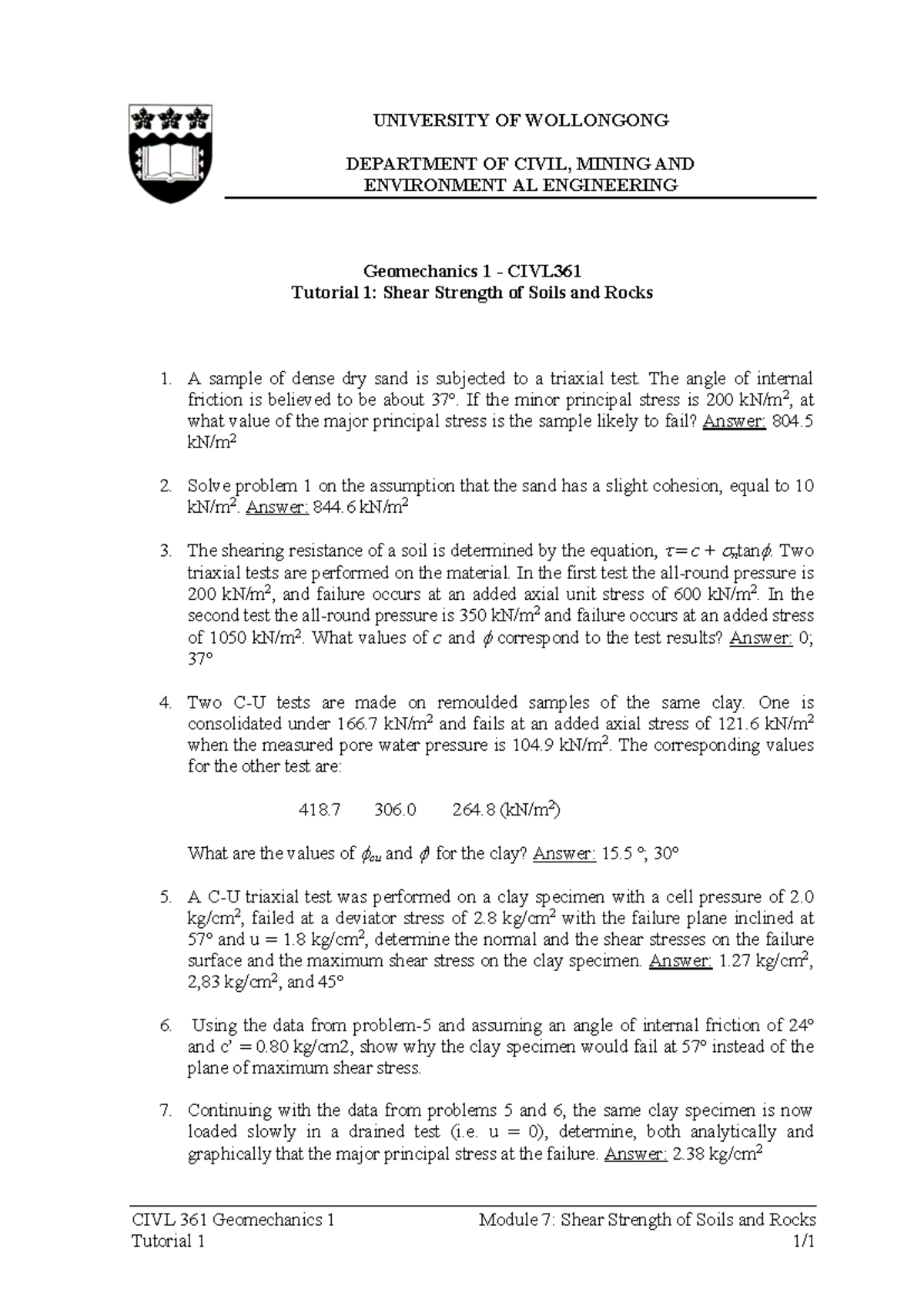Module 7 - Tutorial 1 (Shear Strength) (OK) - CIVL 361 Geomechanics 1 ...